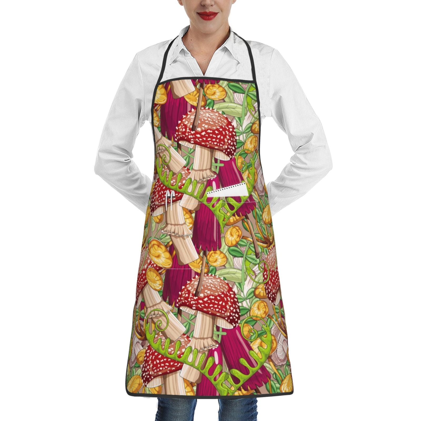 Easygdp Bright Mushrooms Apron Waterdrop Resistant with 2 Pockets,Oil ...