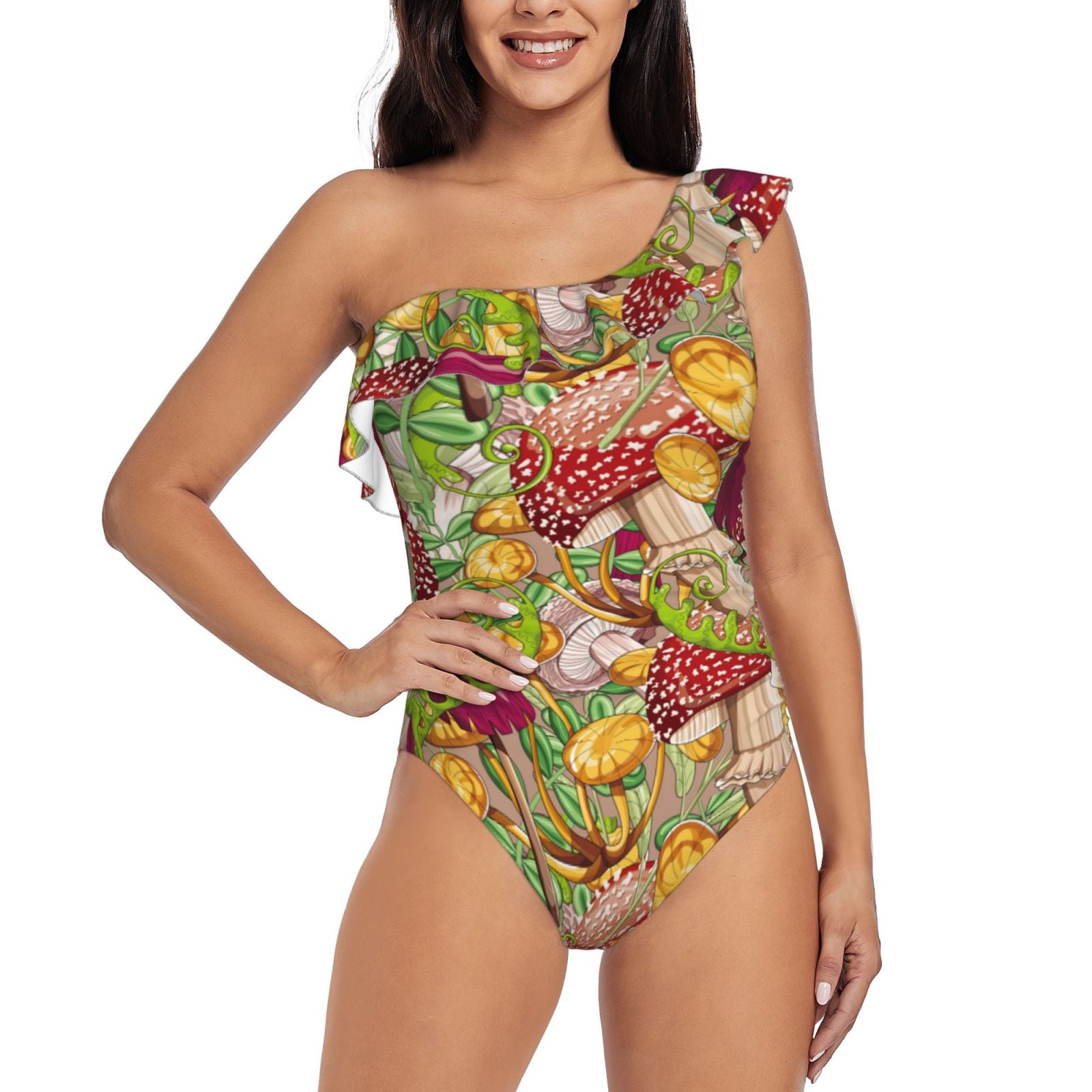 Easygdp Bright Mushrooms Womens One Shoulder Ruffle Monokini Bathing