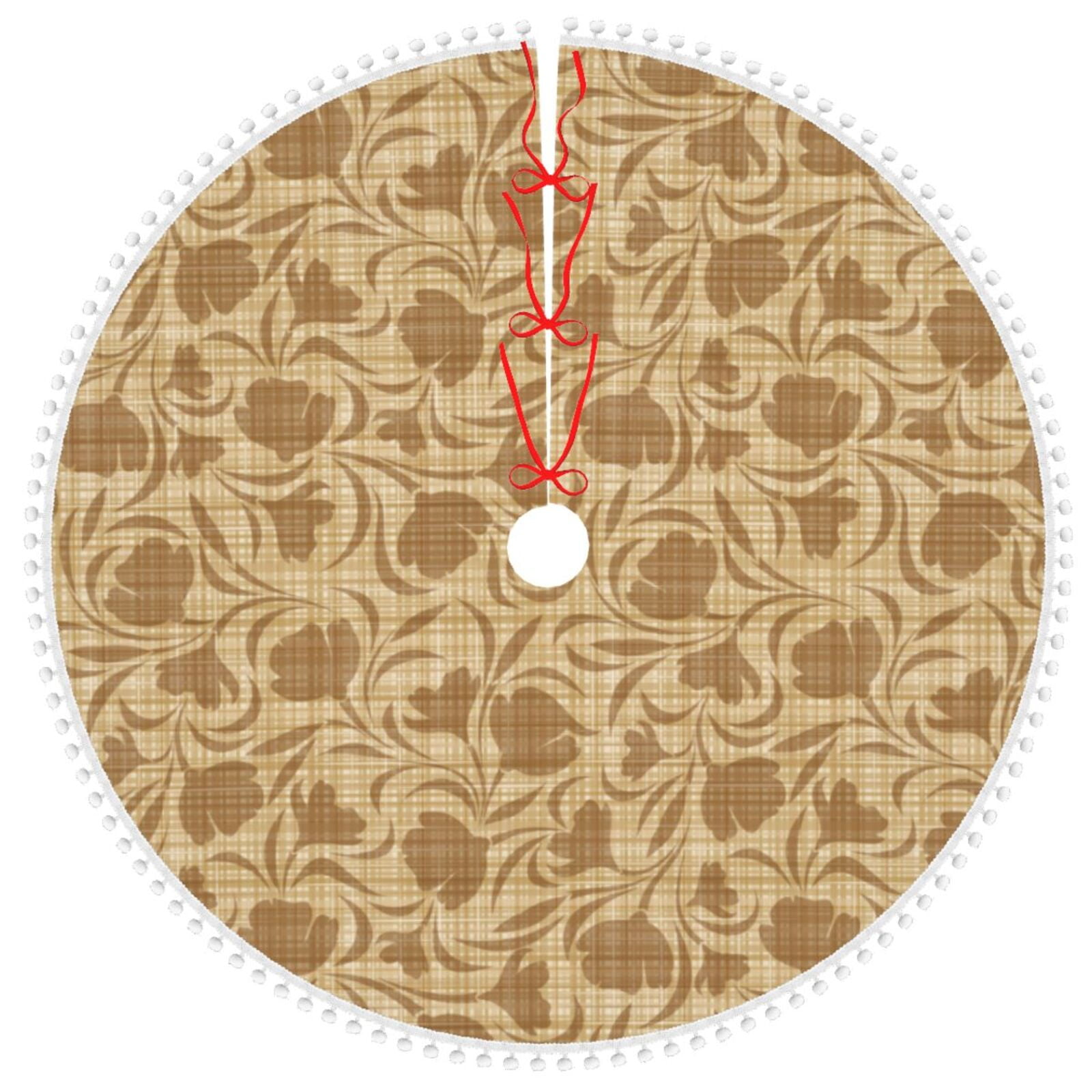 Easygdp Brown Flowers Christmas Tree Skirt Xmas Tree Skirt with Pom Pom Trim Natural Rustic Tree ...