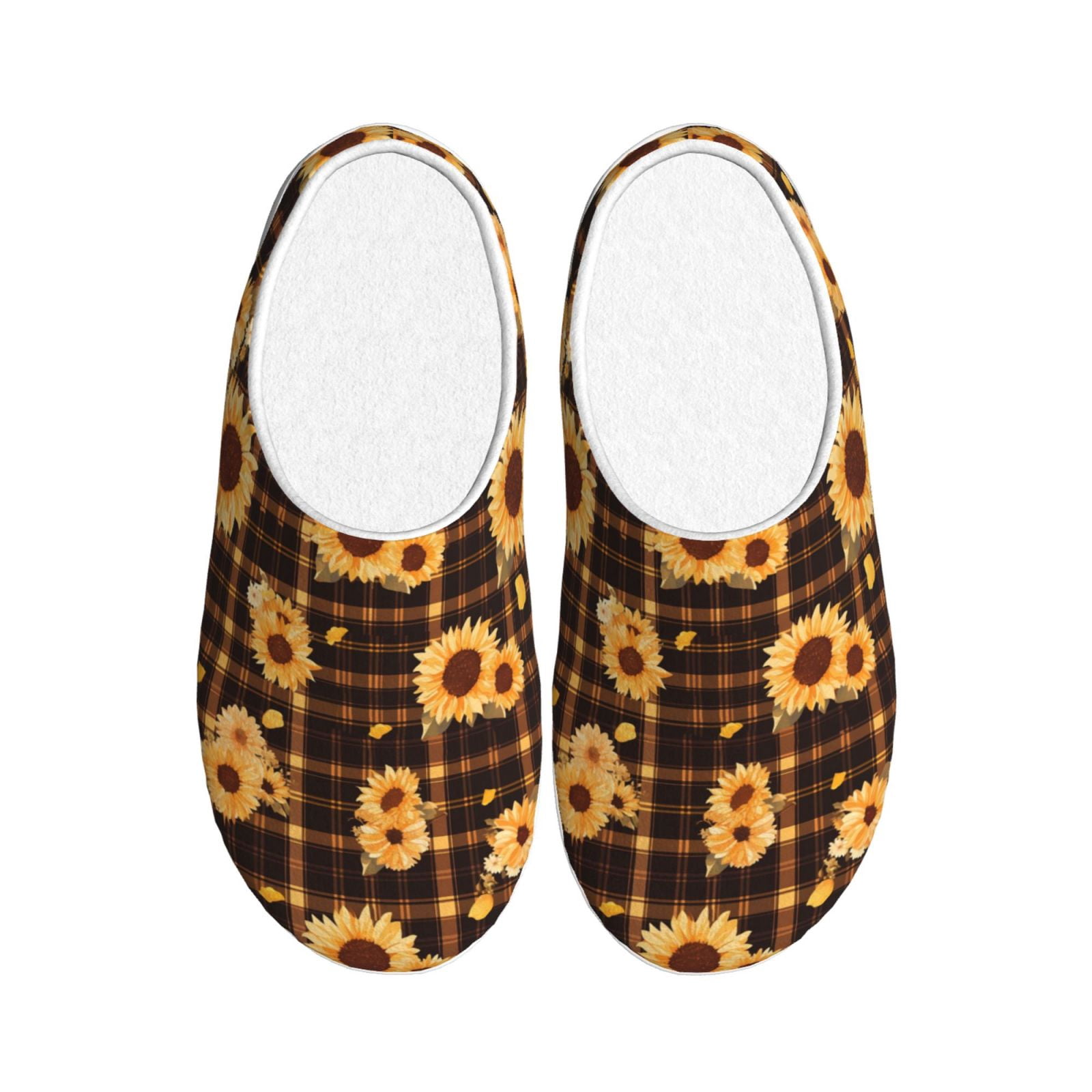 Easygdp Brown Plaid Sunflower Slippers for Women Mens Winter Warm Home ...