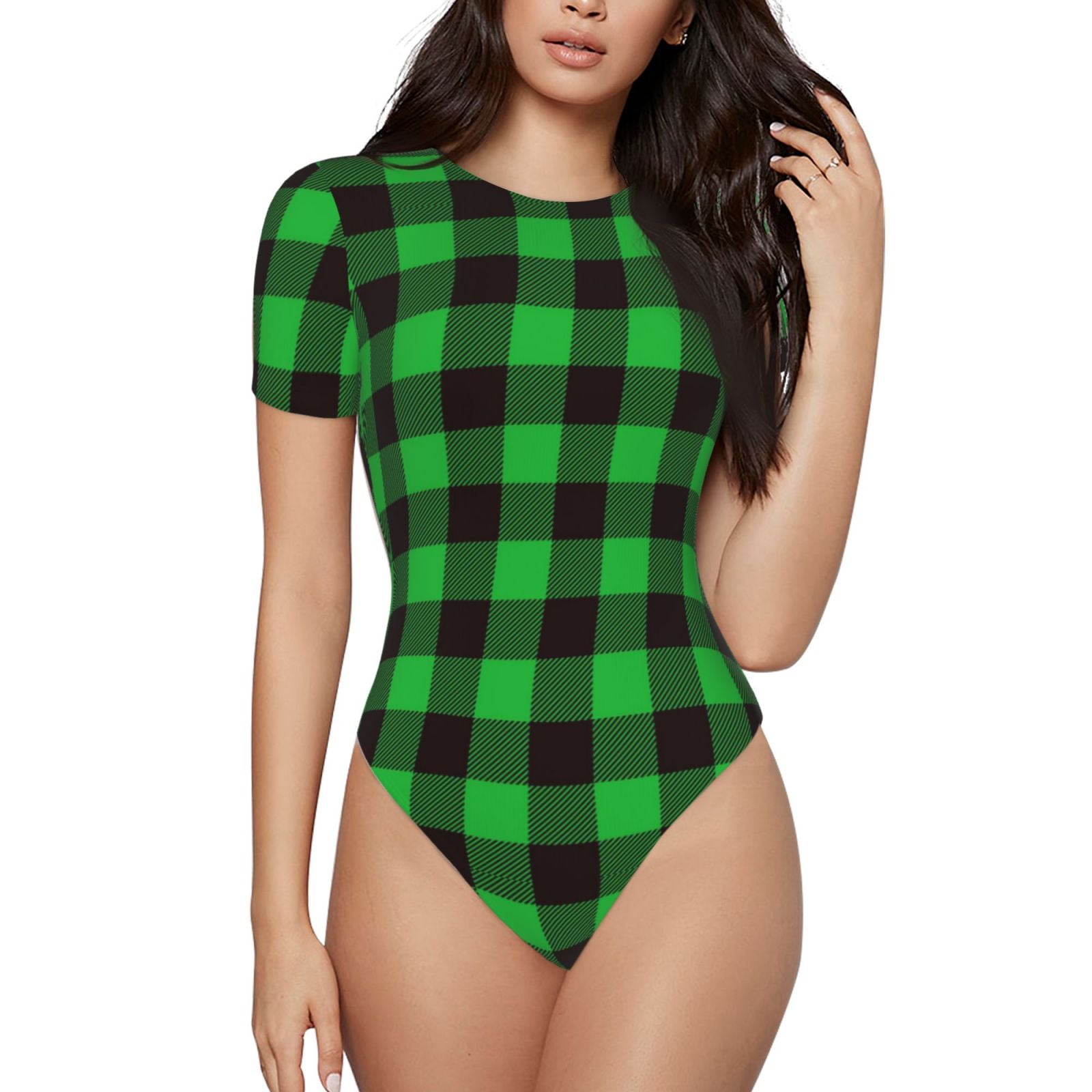 Easygdp Buffalo Plaid Green Black Womens One Piece Swimsuit Slim Fit