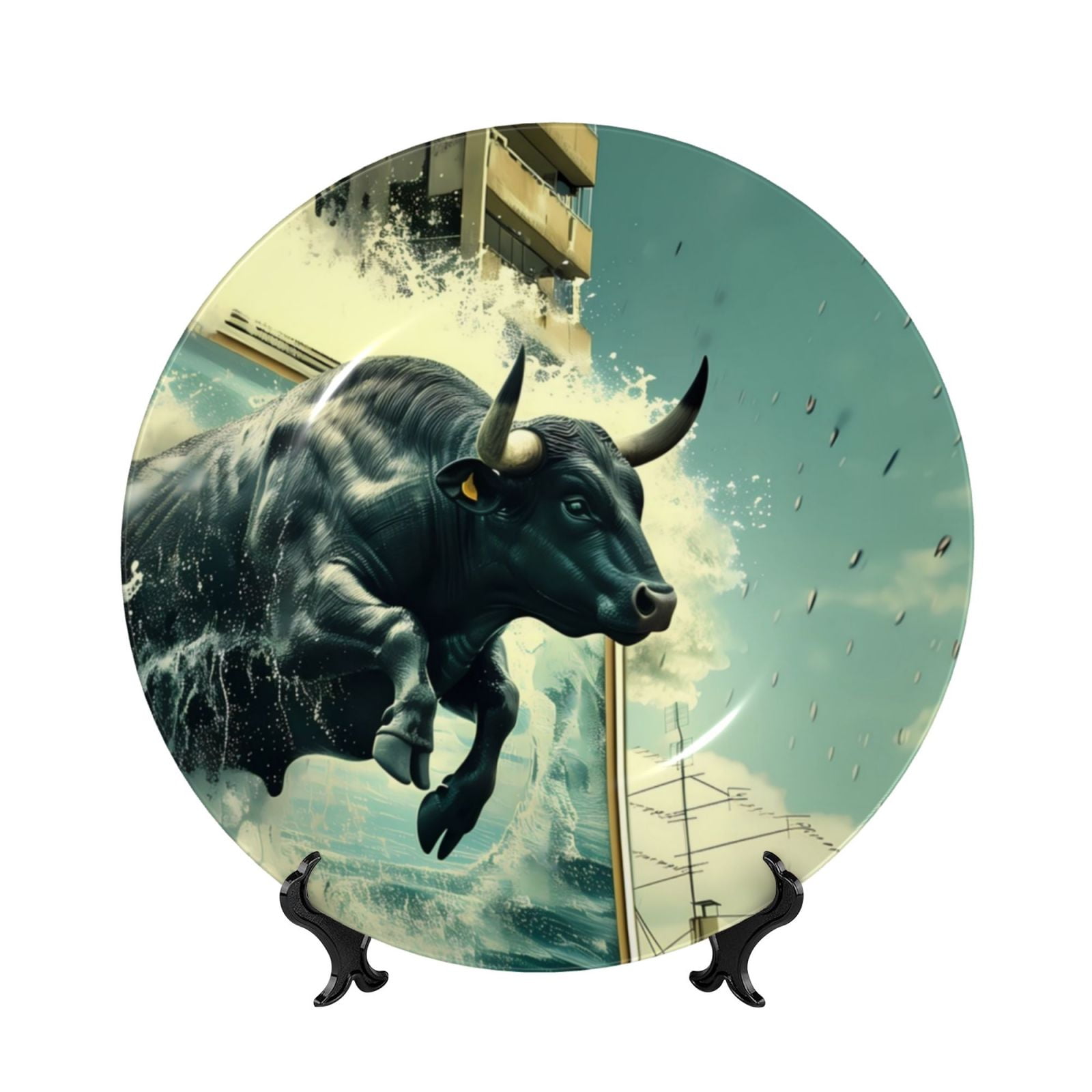 Easygdp Bull Charging Through Waves Bone China Decorative Plate Ceramic ...