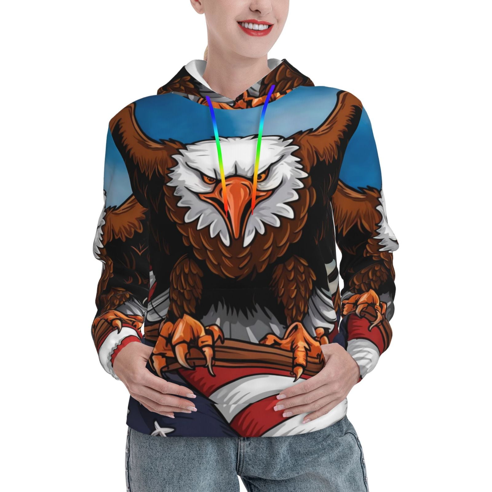 Easygdp Cartoon Bald Eagle USA Womens Casual Hoodies Sweatshirts Long Sleeve Pullover Fall ...