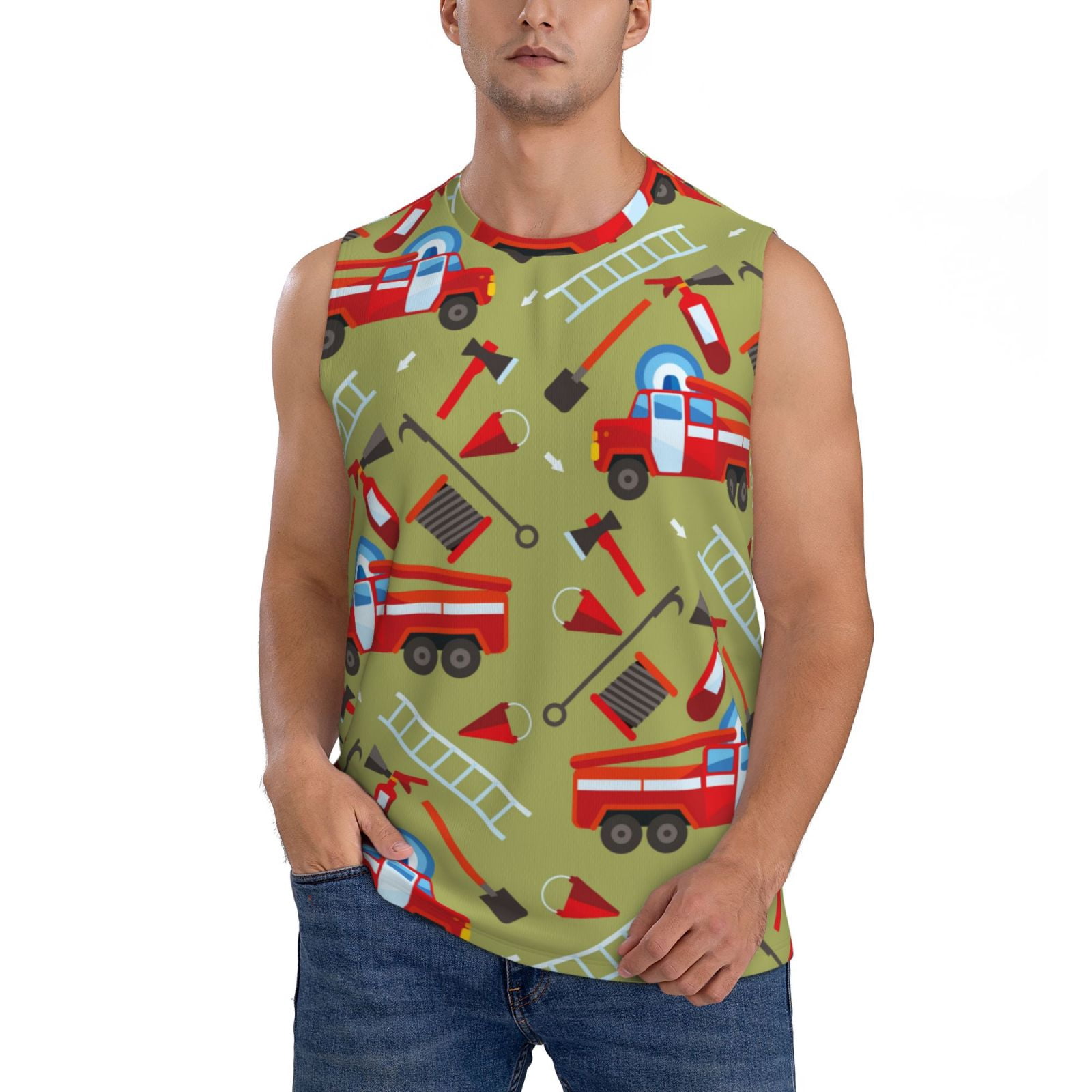 Easygdp Cartoon Fire Truck Men's Breathable Tank Tops Sleeveless Sporty ...