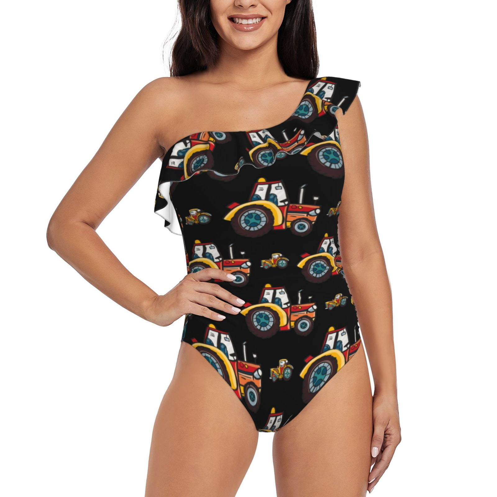Easygdp Cartoon Tractor Women S One Shoulder Ruffle Monokini Bathing