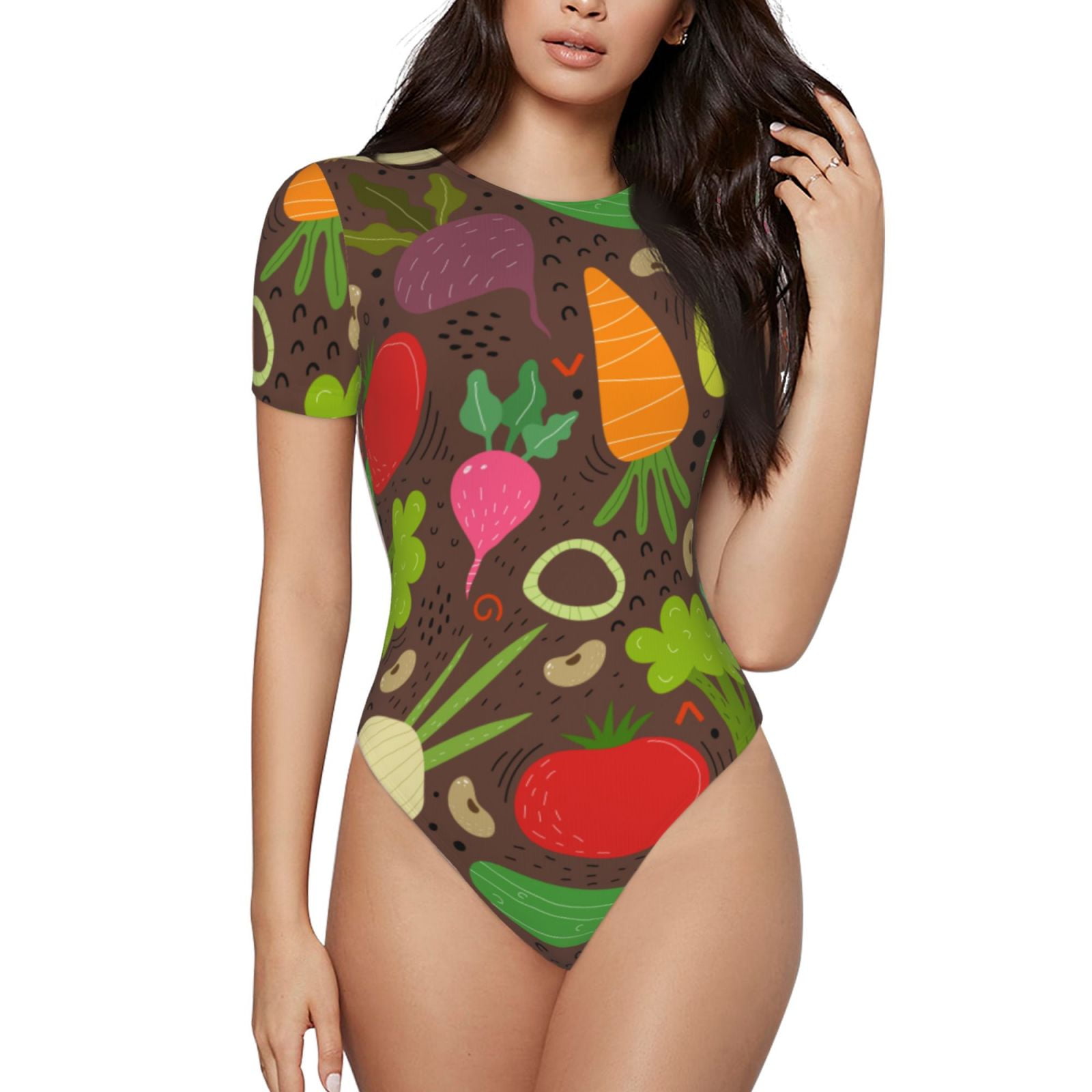 Easygdp Cartoon Vegetables Women's One-Piece Swimsuit Slim Fit Crew Neck Bodysuit Athletic ...
