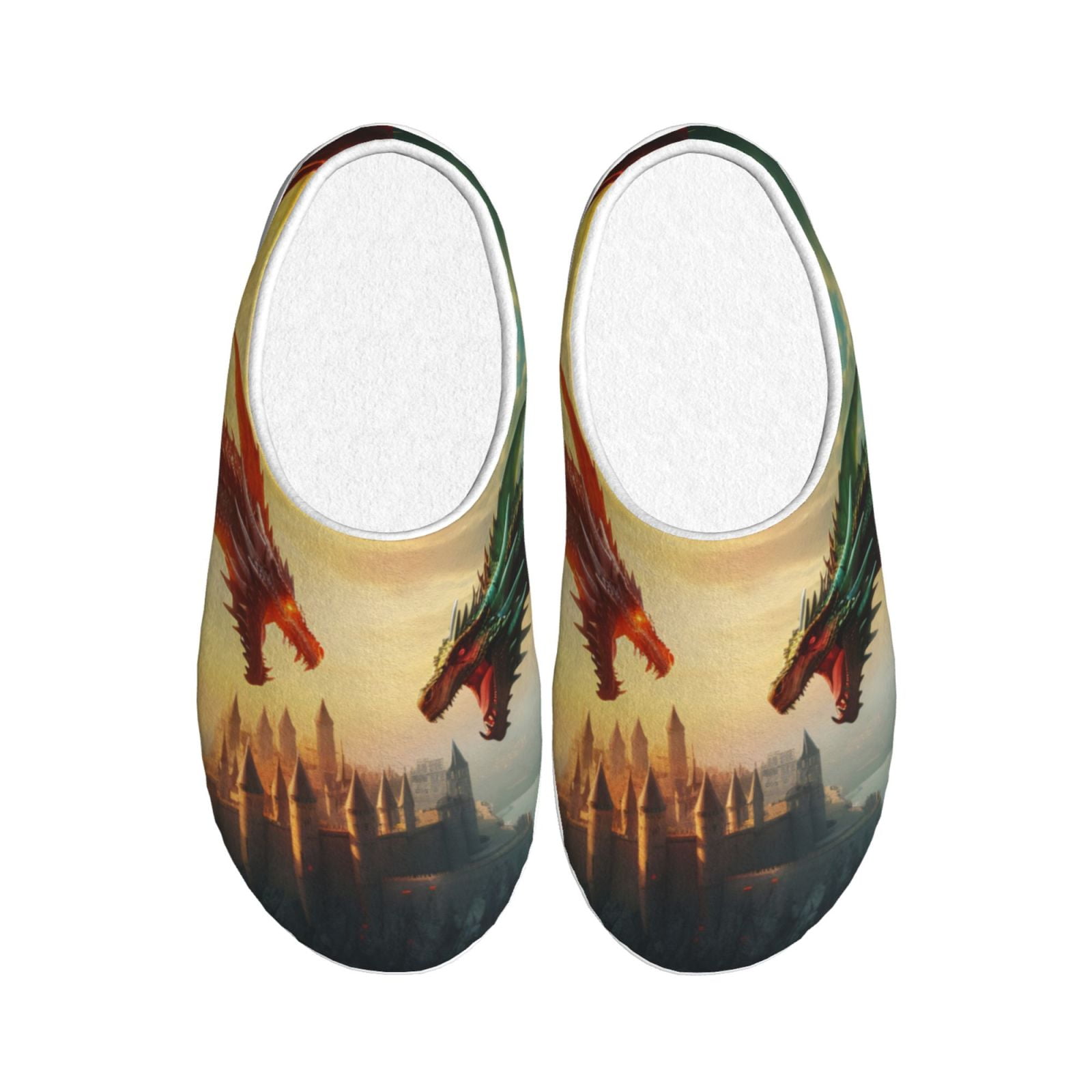 Easygdp Castle Red Green Sky Dragon Slippers for Women Mens Winter Warm ...