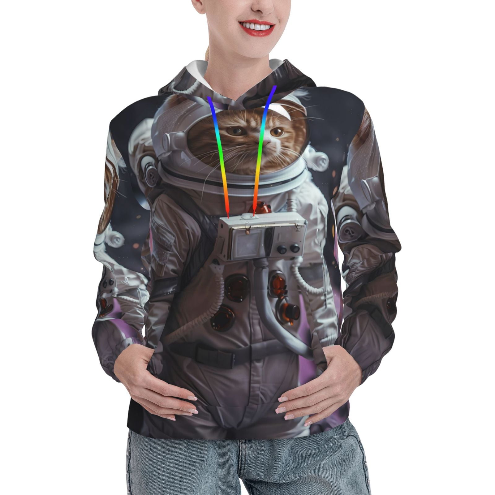 Easygdp Cat Astronaut In Space Womens Casual Hoodies Sweatshirts Long ...