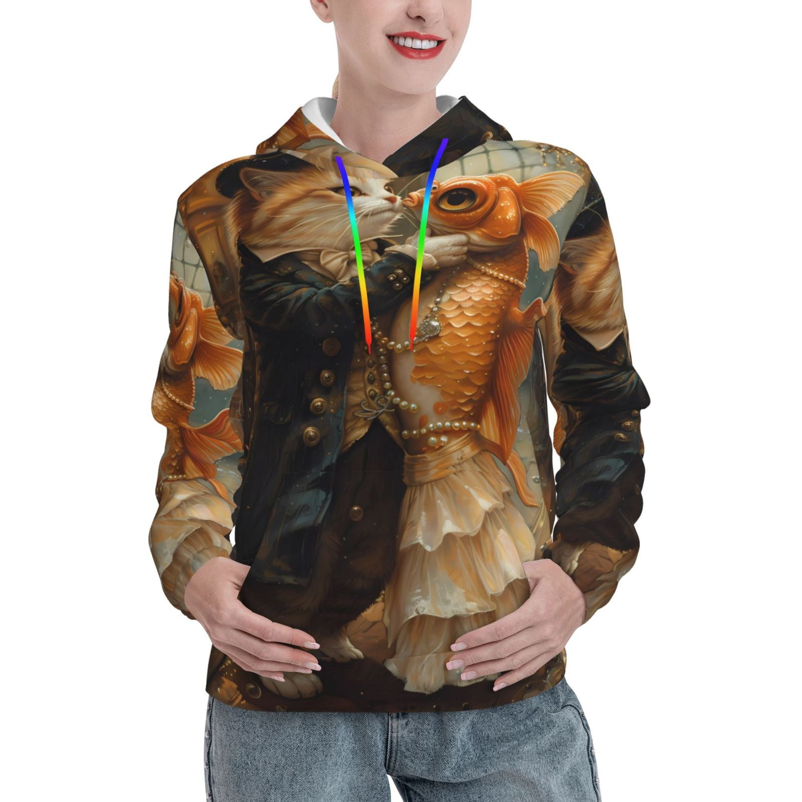 Easygdp Cat Fish Dance Vintage Womens Casual Hoodies Sweatshirts Long Sleeve Pullover Fall ...