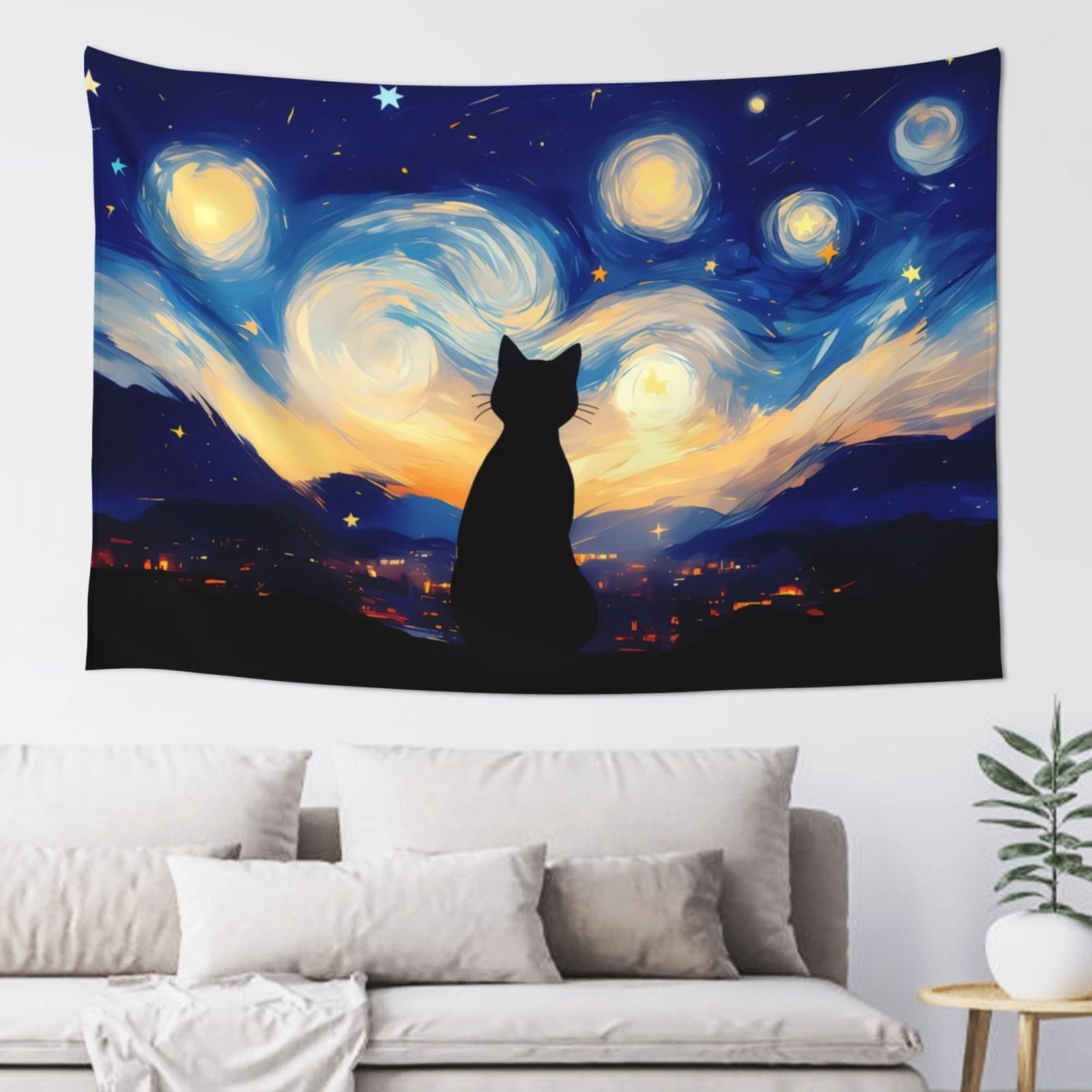 Easygdp Cat Under Starry Skies Tapestry Wall Hanging, Wall Tapestries ...