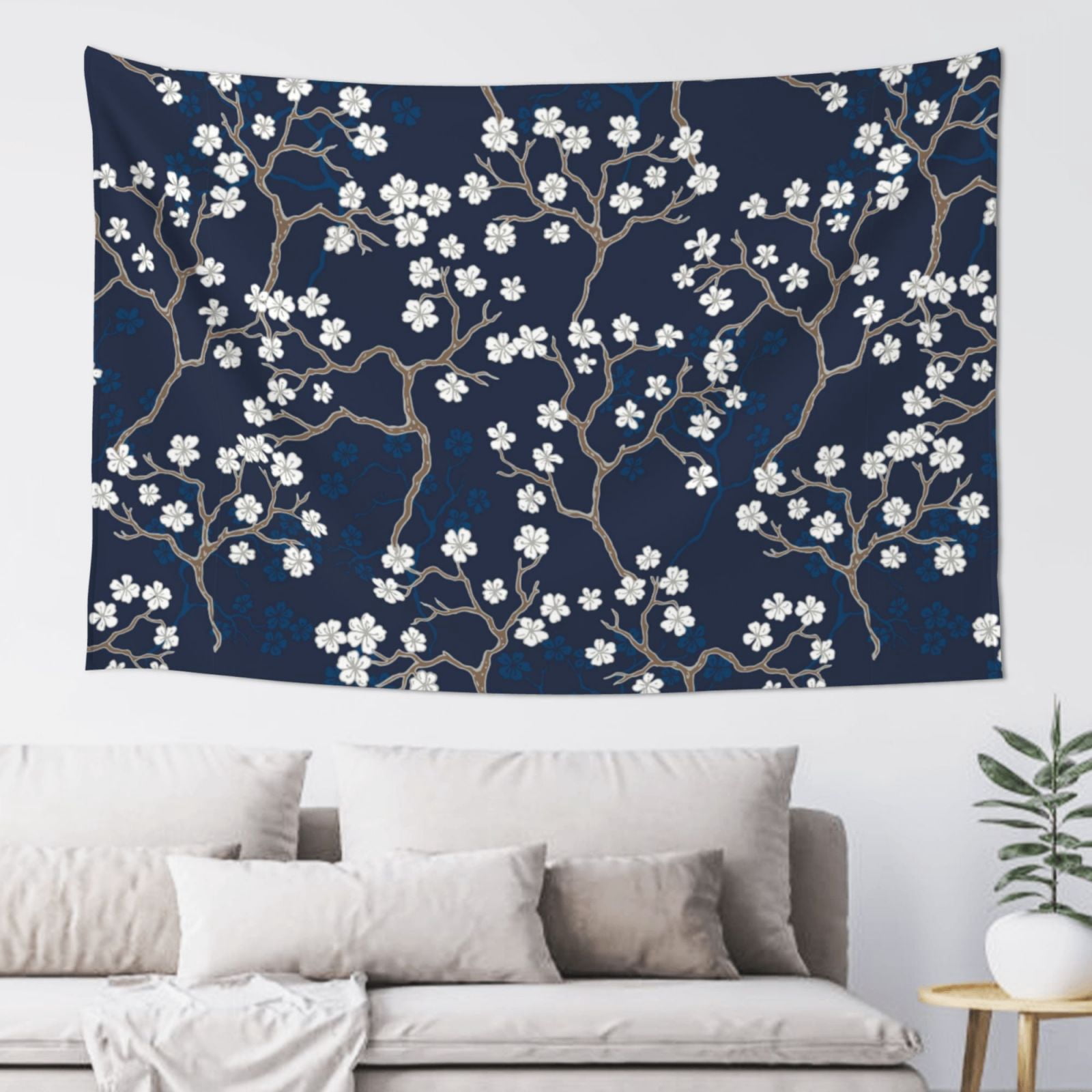 Easygdp Cherry Blossoms on Navy Background Tapestry Wall Hanging, Wall ...