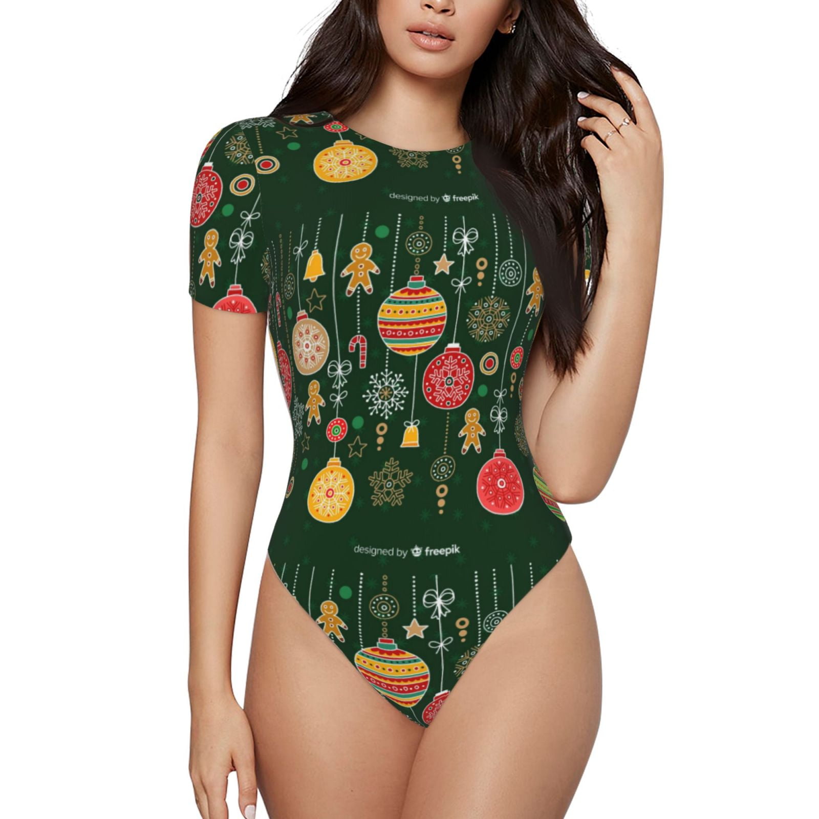 Easygdp Christmas Women's One-Piece Swimsuit Slim Fit Crew Neck Bodysuit Athletic Swimwear with ...