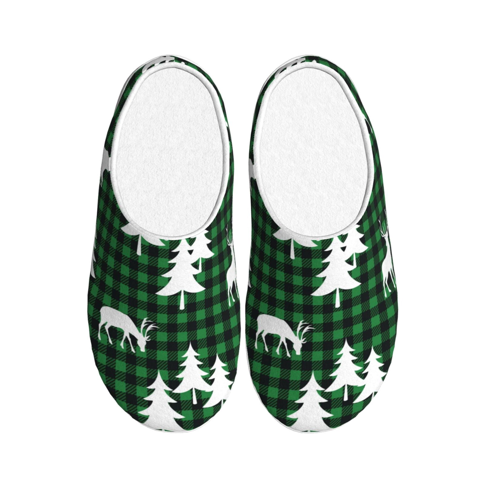 Easygdp Christmas tree green plaid Slippers for Women Mens Winter Warm ...