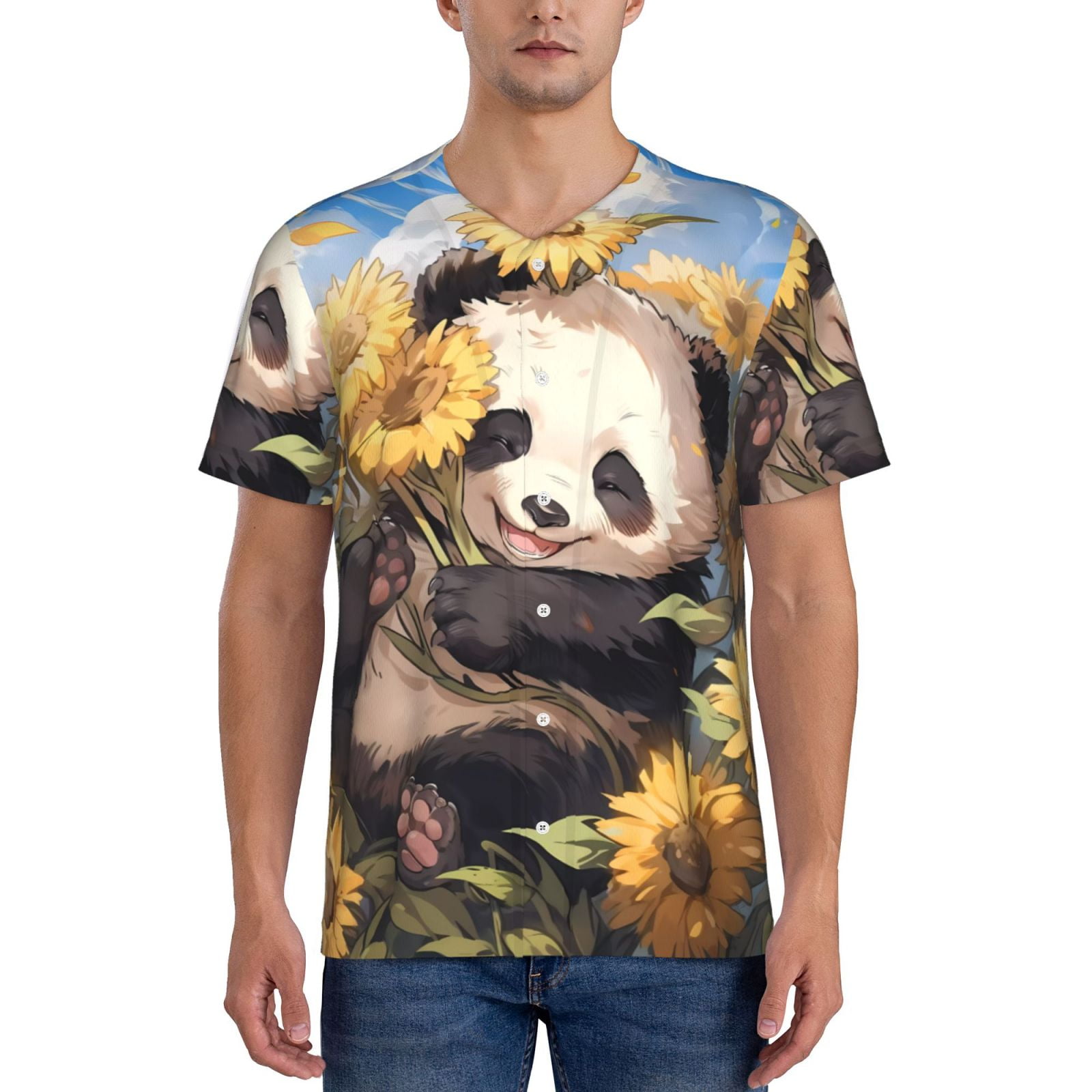 Easygdp Clear Sky Cute Sunflower Panda Mens T-Shirts Baseball Vintage ...