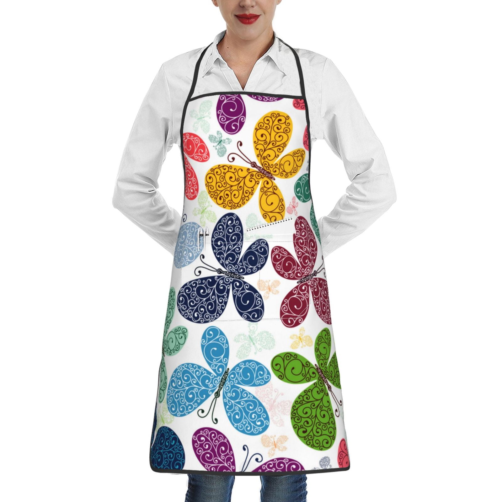 Easygdp Colorful Butterflies Apron Waterdrop Resistant with 2 Pockets ...