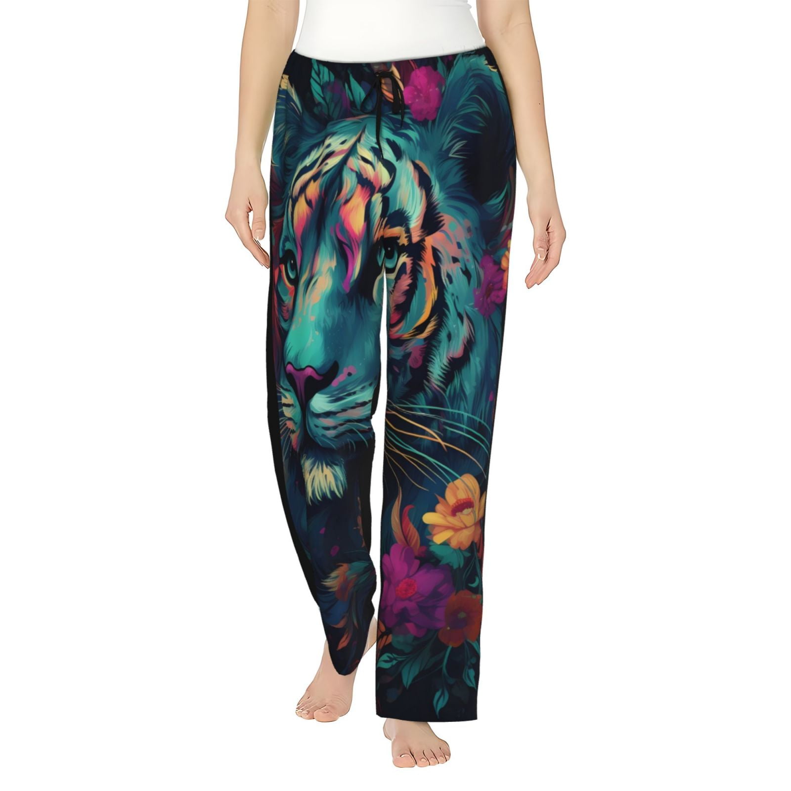 Easygdp Colorful Flower Tiger Women's Drawstring Pajama Pants | Lounge ...