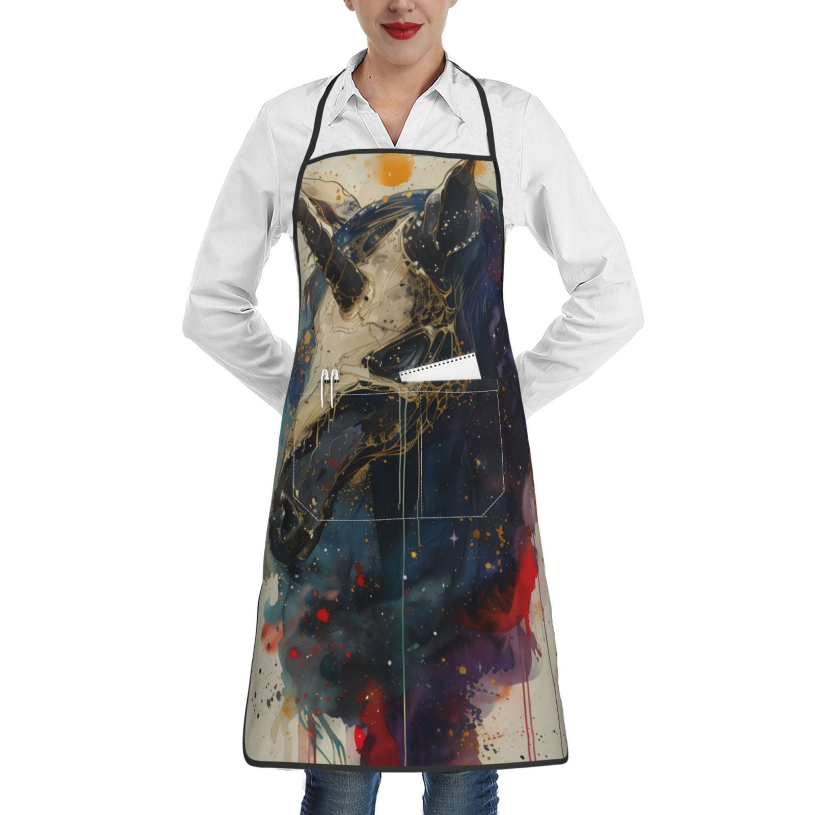 Easygdp Colorful Ink Cute Horse Apron Waterdrop Resistant with 2 ...