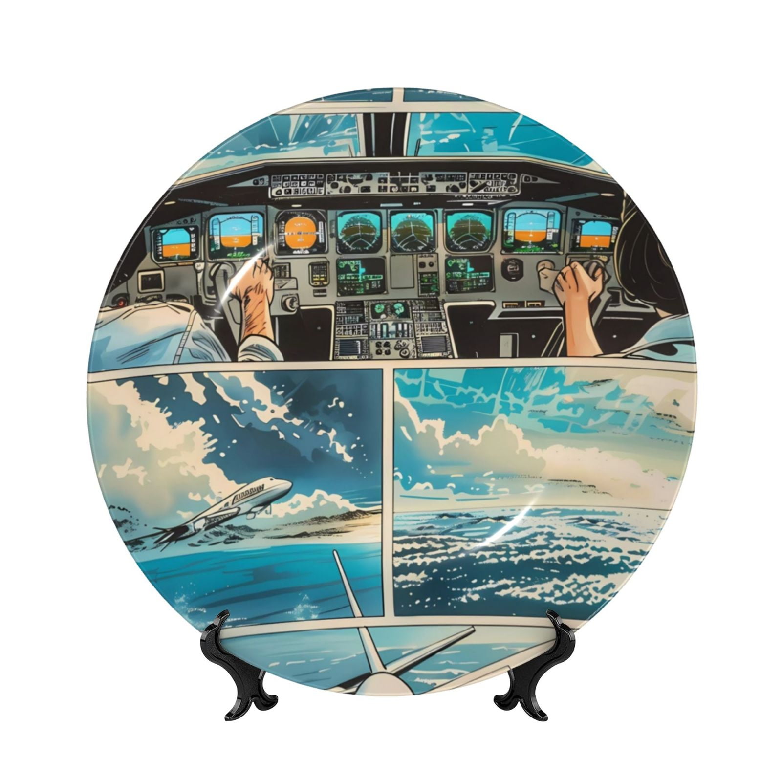 Easygdp Comic Airplane Cockpit Illustration Bone China Decorative Plate ...