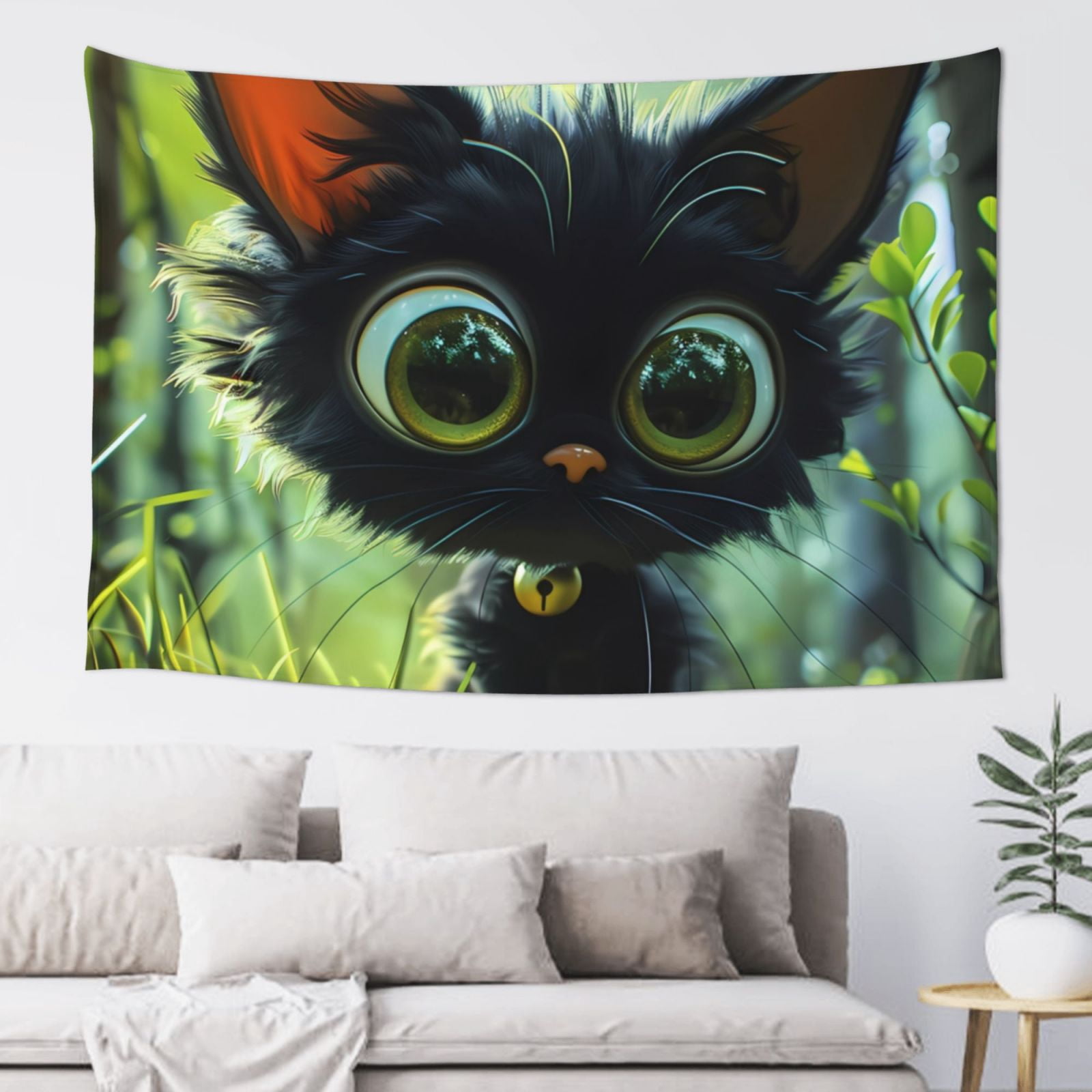Easygdp Cute Big-Eyed Black Cat Tapestry Wall Hanging, Wall Tapestries ...