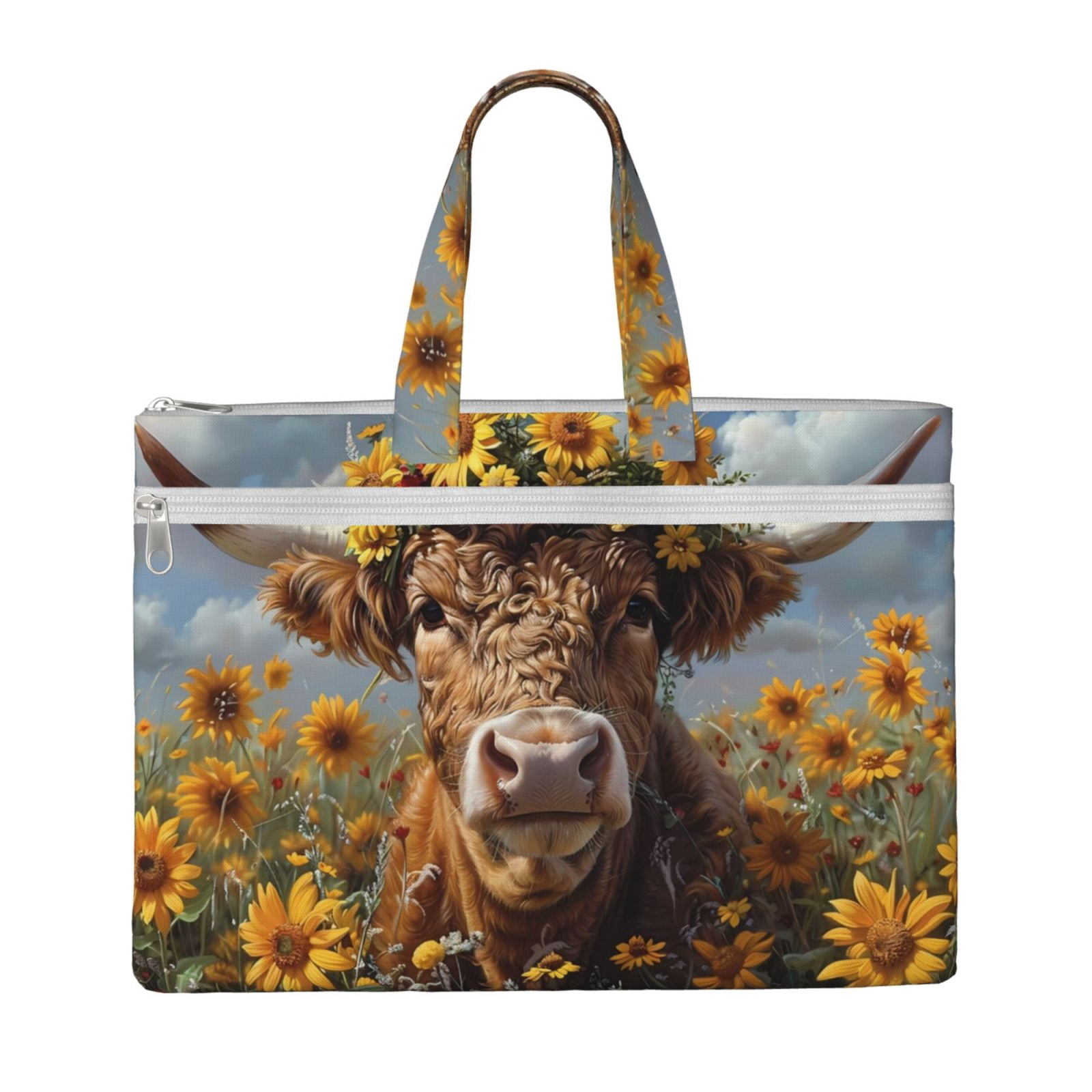 Easygdp Cute Cow Sunflower Crown A Canvas Document Bag File Bag Handle ...