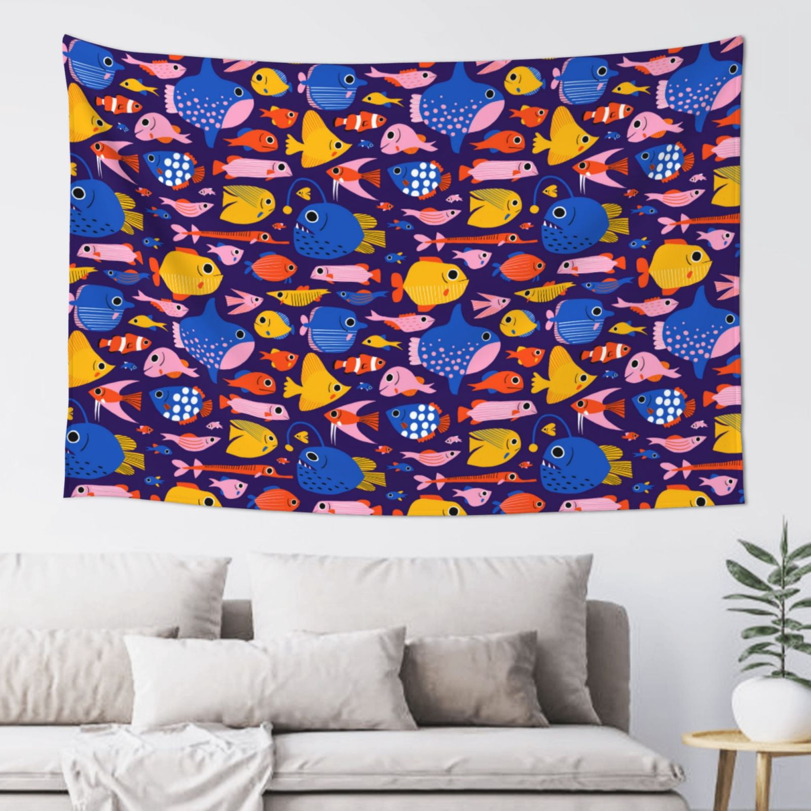 Easygdp Cute Flat Hand Drawn Fishes Tapestry Wall Hanging, Wall ...
