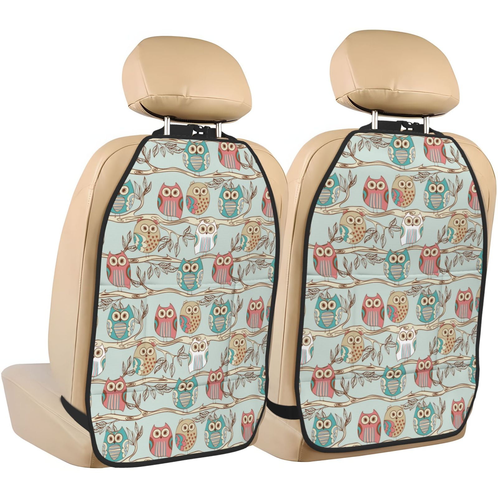 Easygdp Cute Owl Car Kick Mat Seat Cover 2 Pcs Anti-Kick Pockets ...