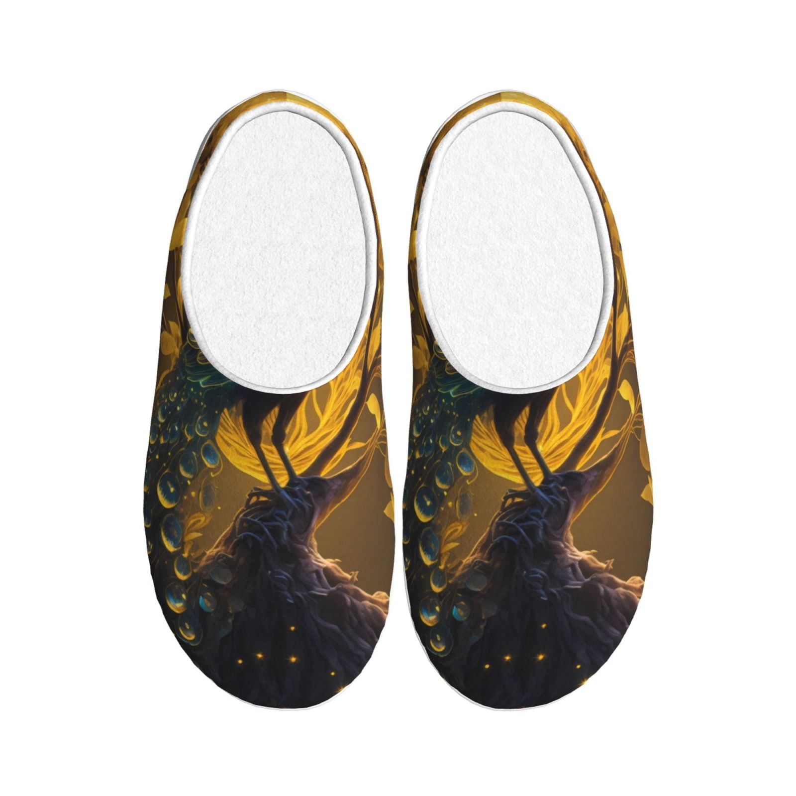 Easygdp Elegant Gold Leaf Peacock Slippers for Women Mens Winter Warm ...