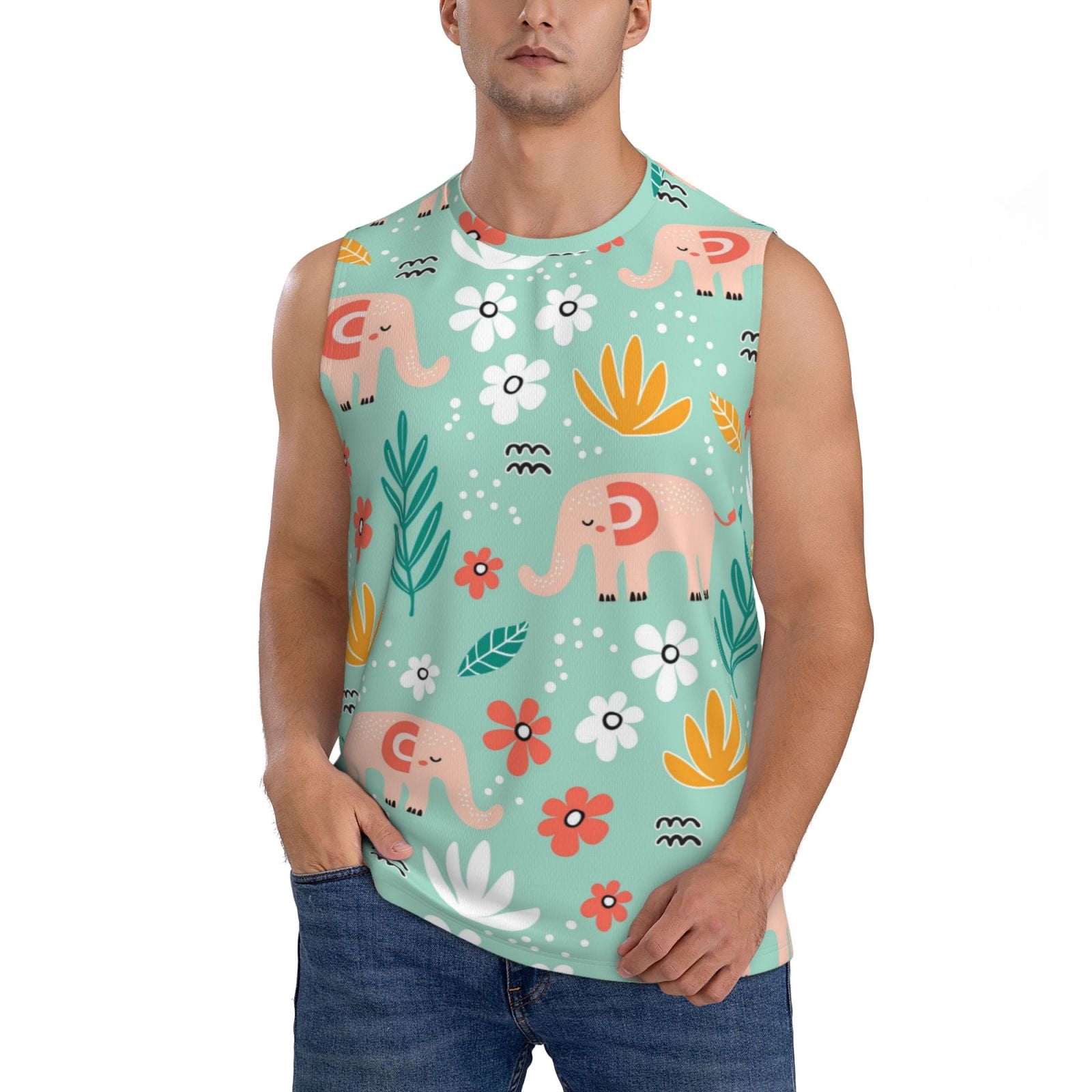 Easygdp Elephant and Flowers Men's Breathable Tank Tops Sleeveless ...