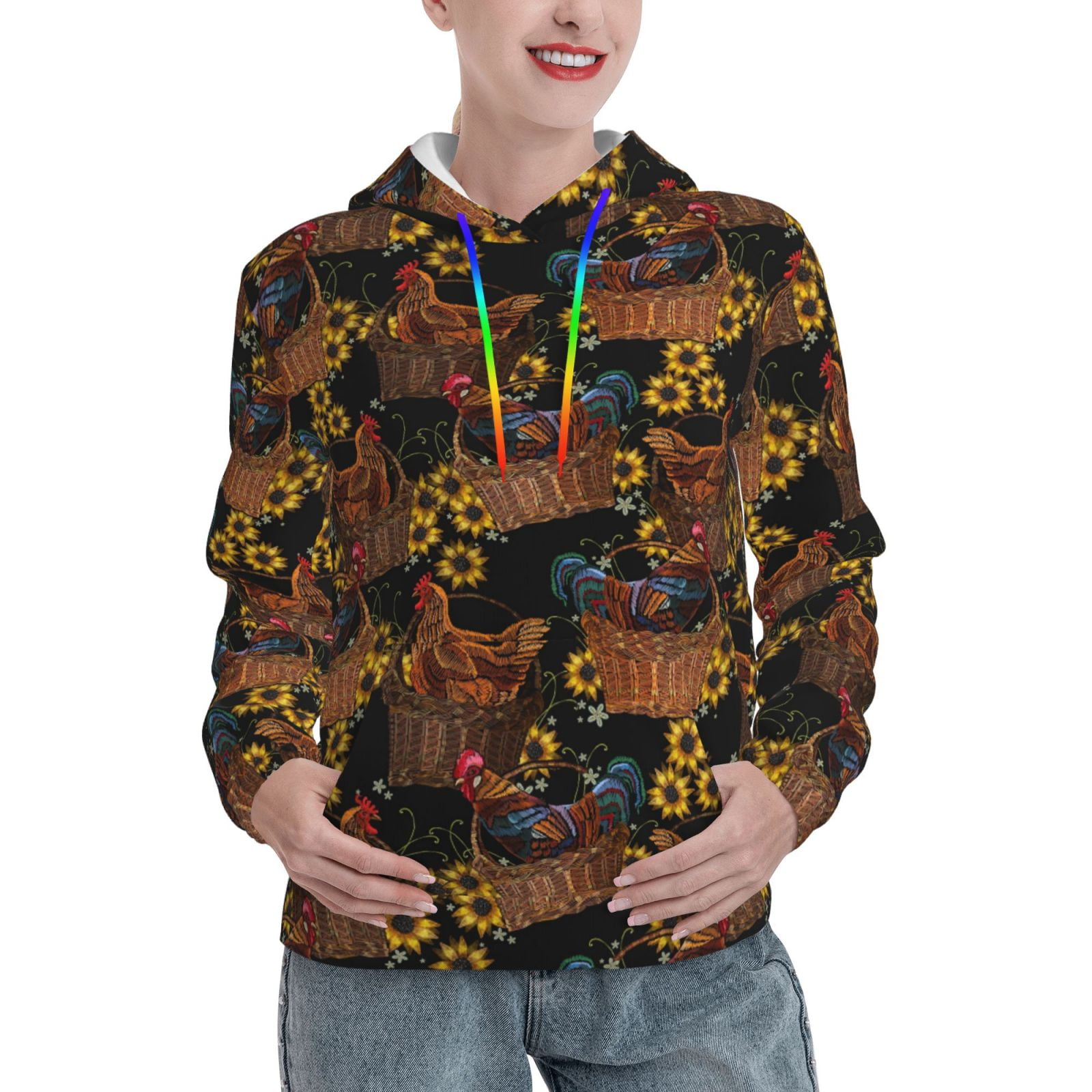 Easygdp Embroidery Chicken Rooster And Sunflowers Womens Casual Hoodies Sweatshirts Long Sleeve ...