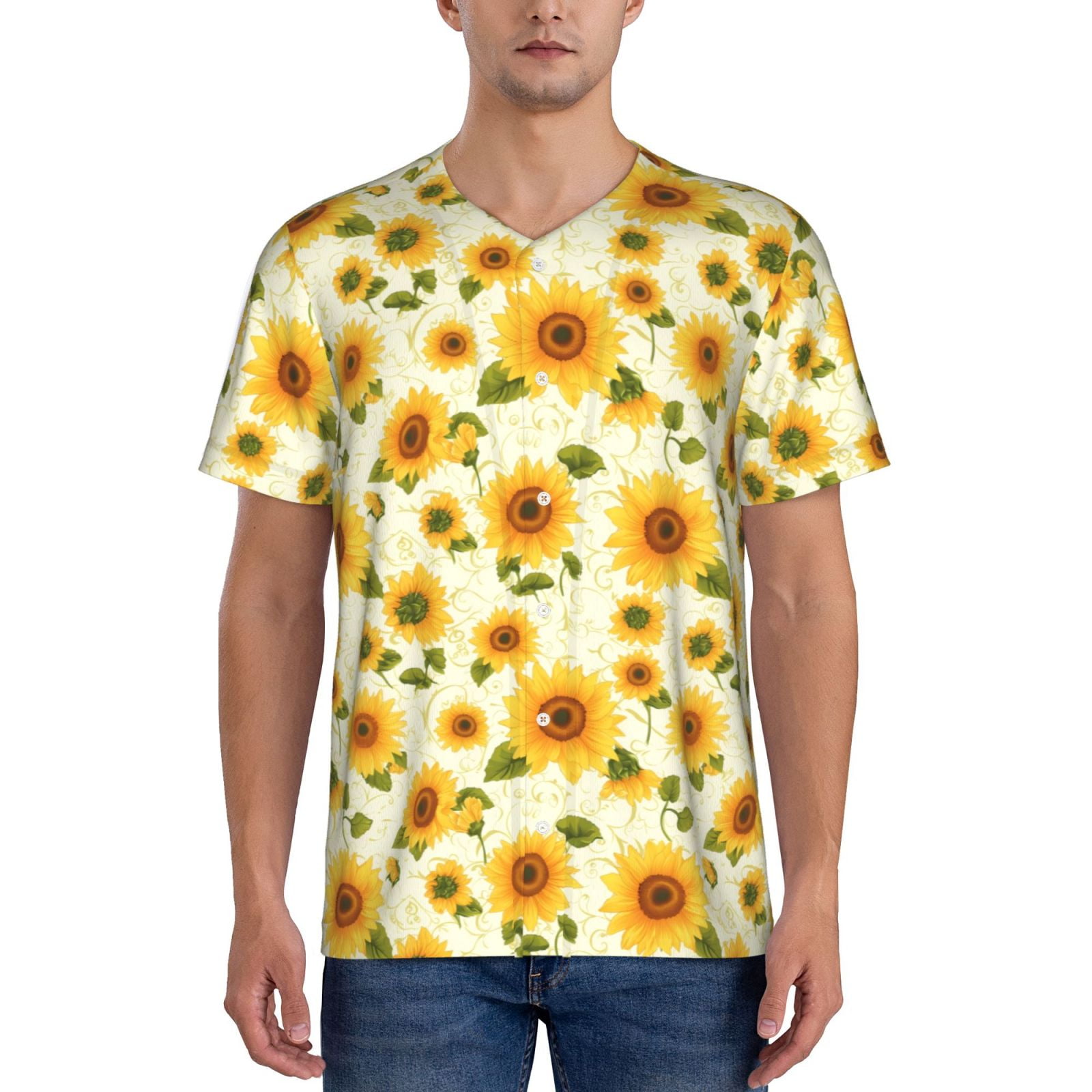 Easygdp European-style Pattern Sunflower Mens T-Shirts Baseball Vintage Fashionable Lightweight ...