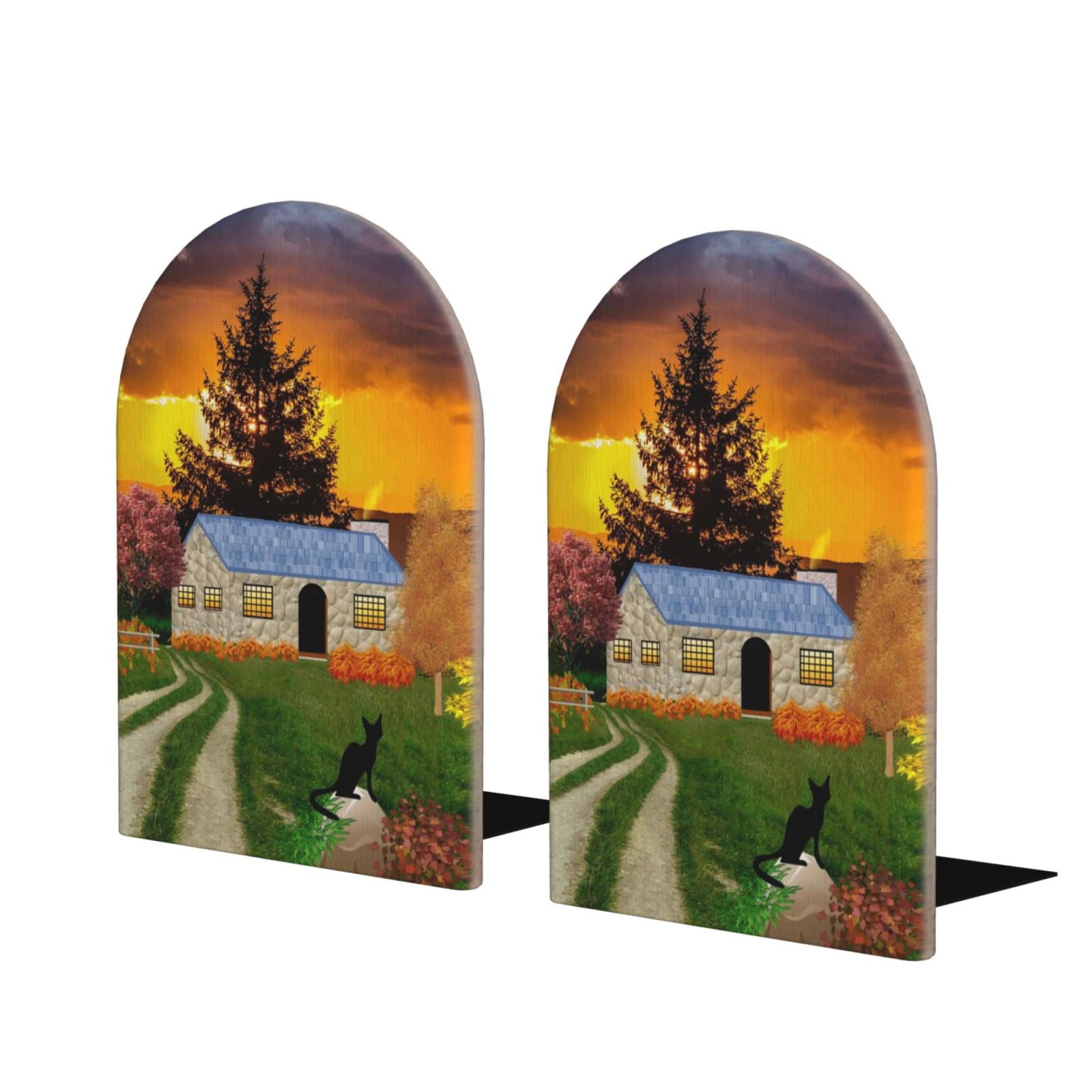 Easygdp Fall Village Scenery 2 Pcs Bookend Large Capacity Office Book ...