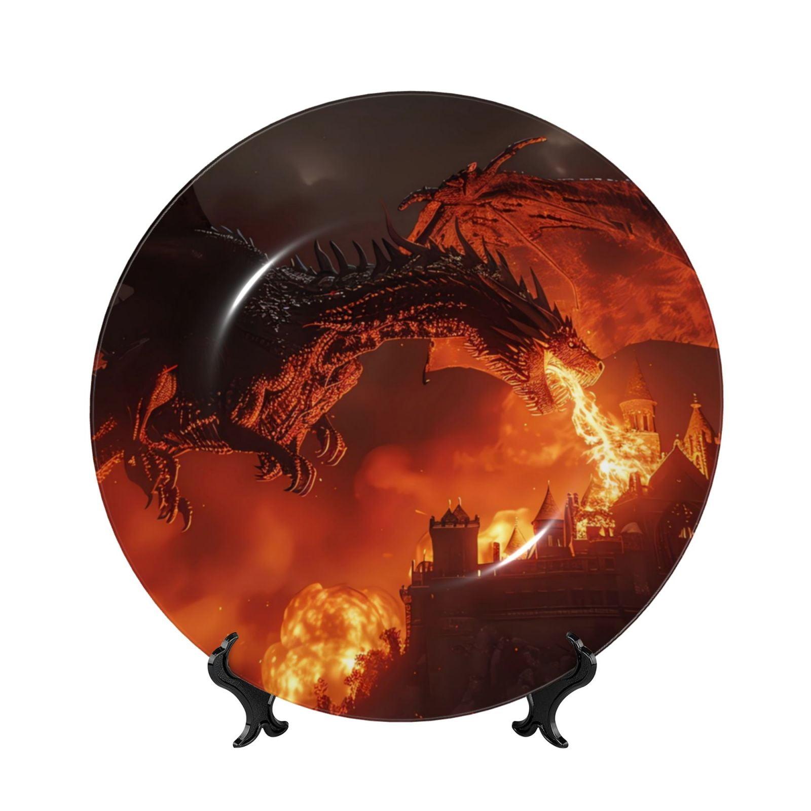 Easygdp Fiery Dragons Castle Attack Bone China Decorative Plate Ceramic ...