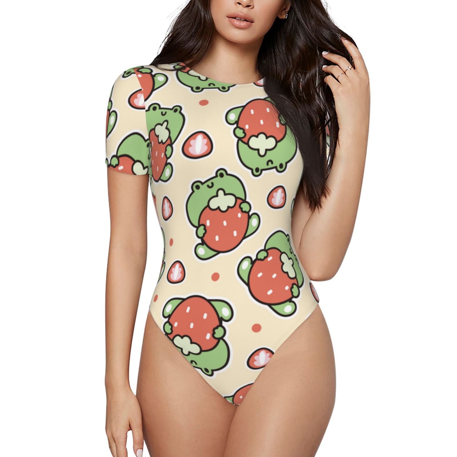 Easygdp Frog Hold Strawberry Womens One Piece Swimsuit Slim Fit Crew