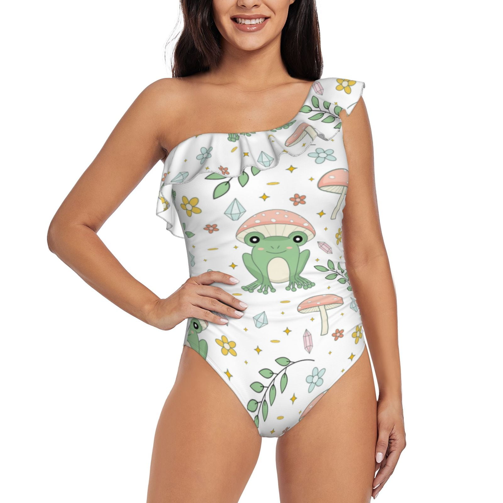 Easygdp Frog And Mushrooms Womens One Shoulder Ruffle Monokini Bathing