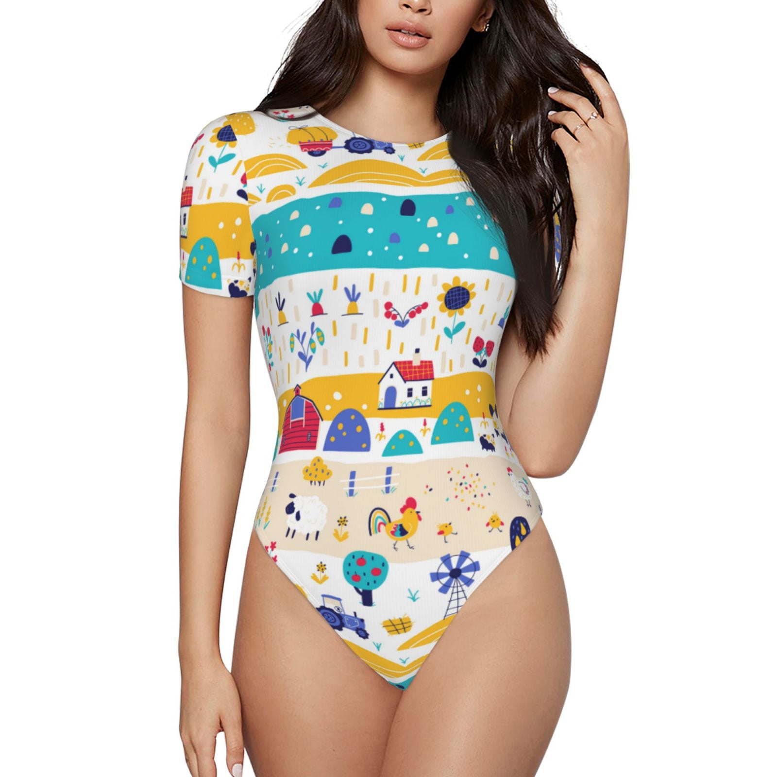Easygdp Funny Farm Womens One Piece Swimsuit Slim Fit Crew Neck