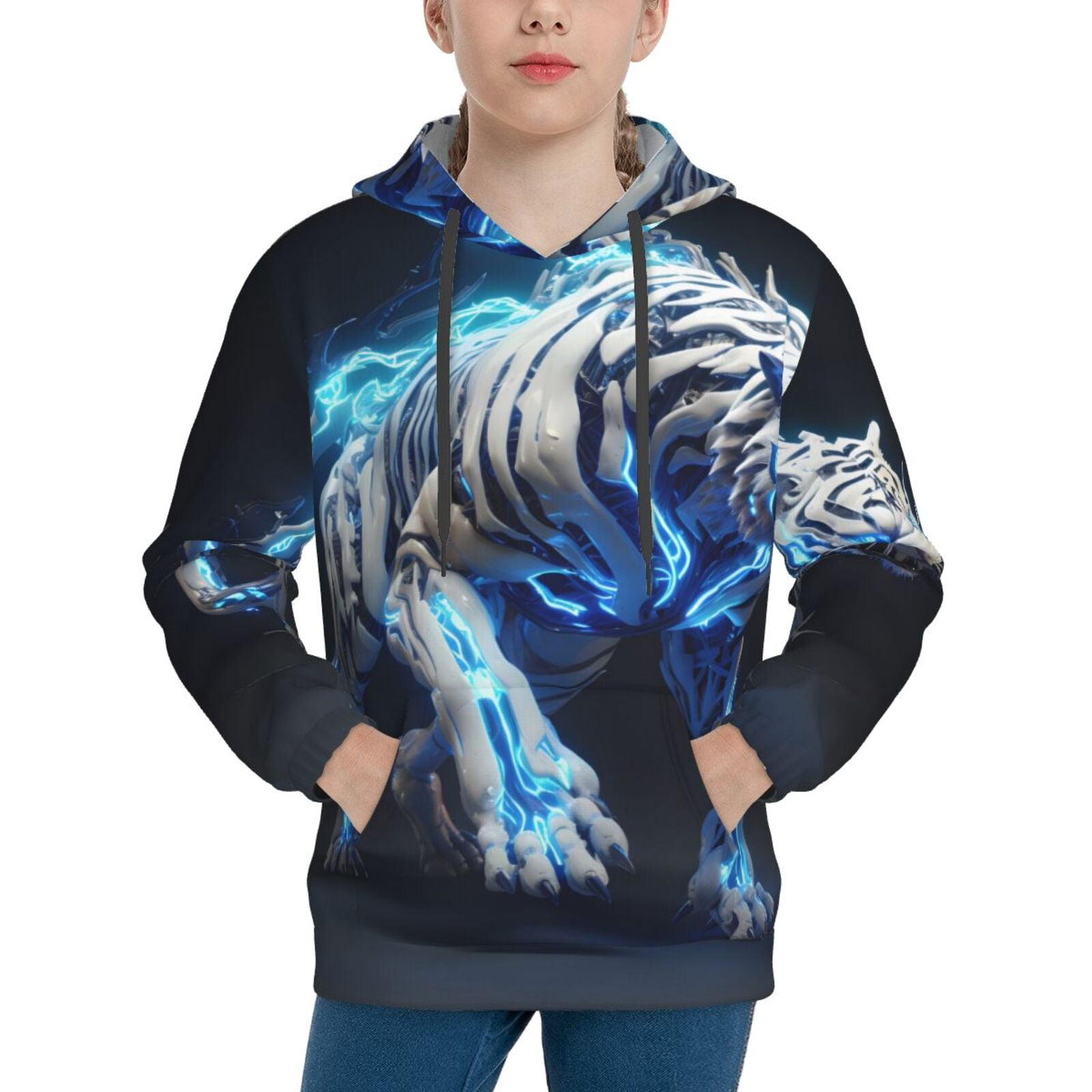 Easygdp Futuristic Blue Light White Tiger Boys Hoodie Kids Sweatshirt Youth Pullover With Hood-X ...
