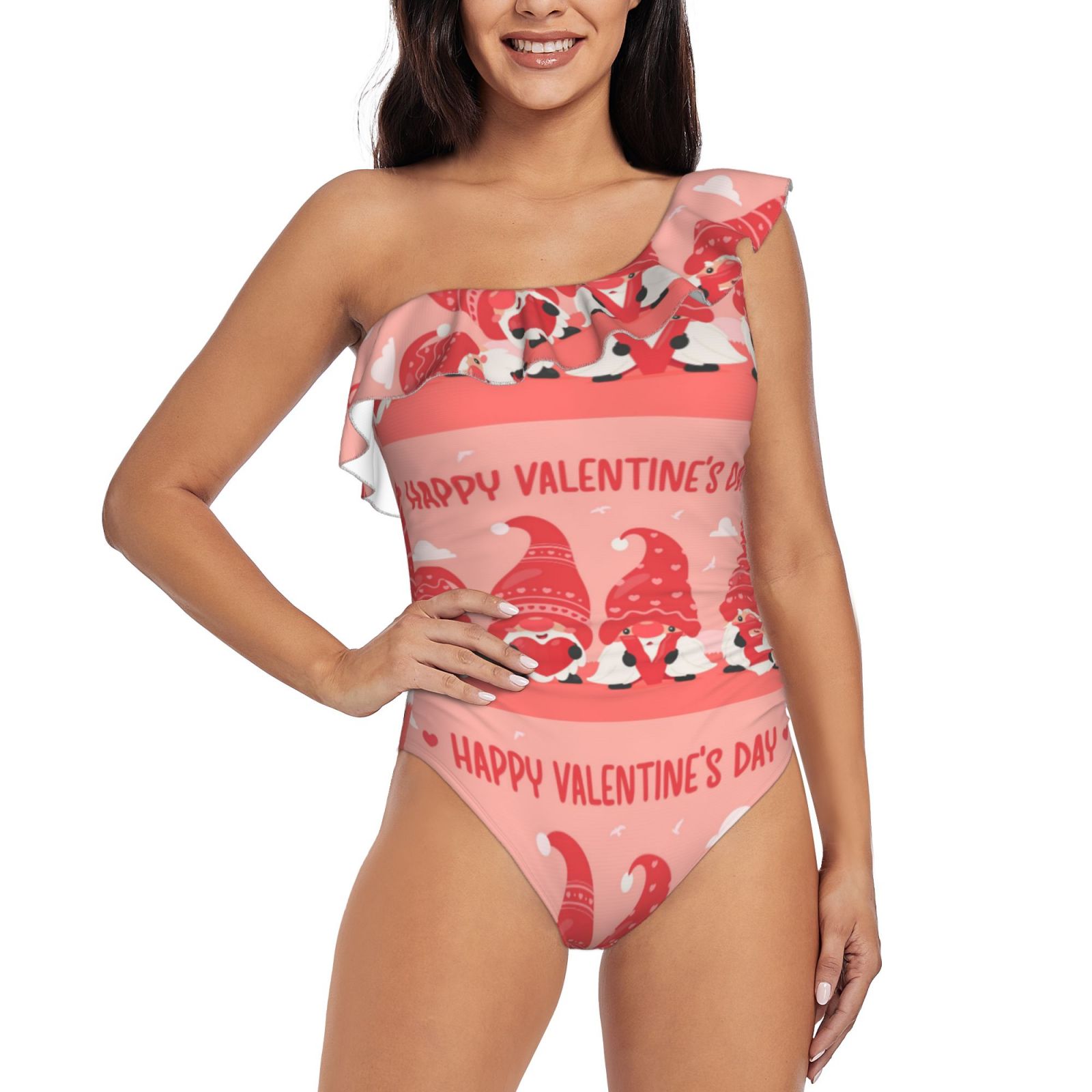 Easygdp Gnomes Hold The Letters LOVE Women's One Shoulder Ruffle Monokini Bathing Suits with ...