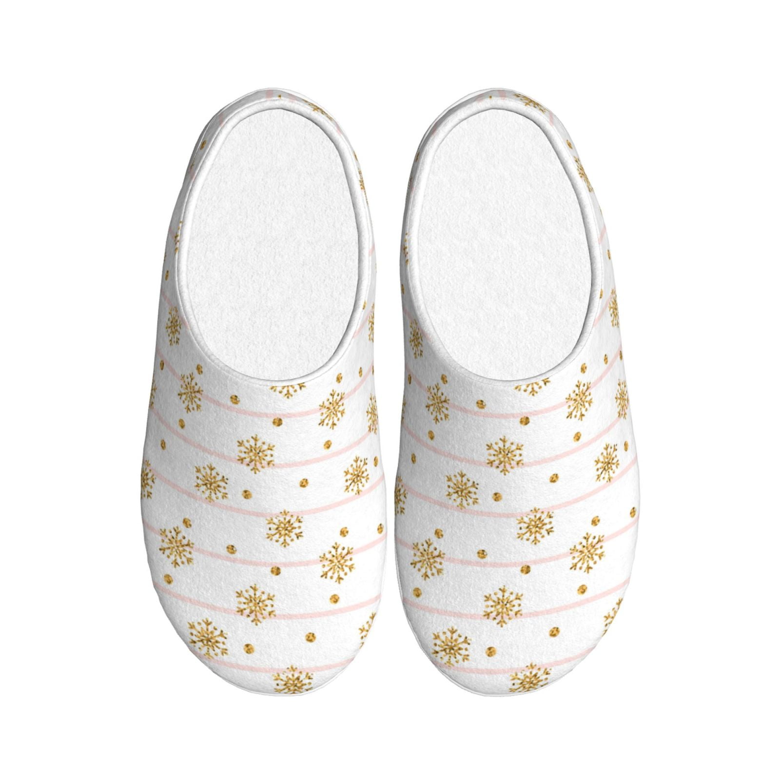 Easygdp Gold Snowflake Stripes Slippers for Women Mens Winter Warm Home ...