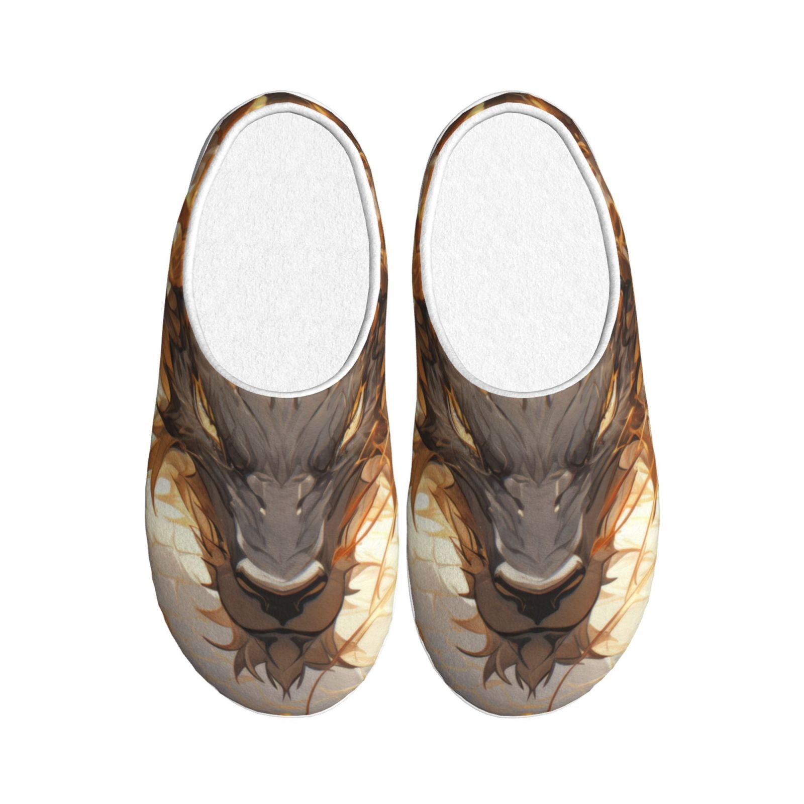 Easygdp Golden Horned White Dragon Slippers for Women Mens Winter Warm ...