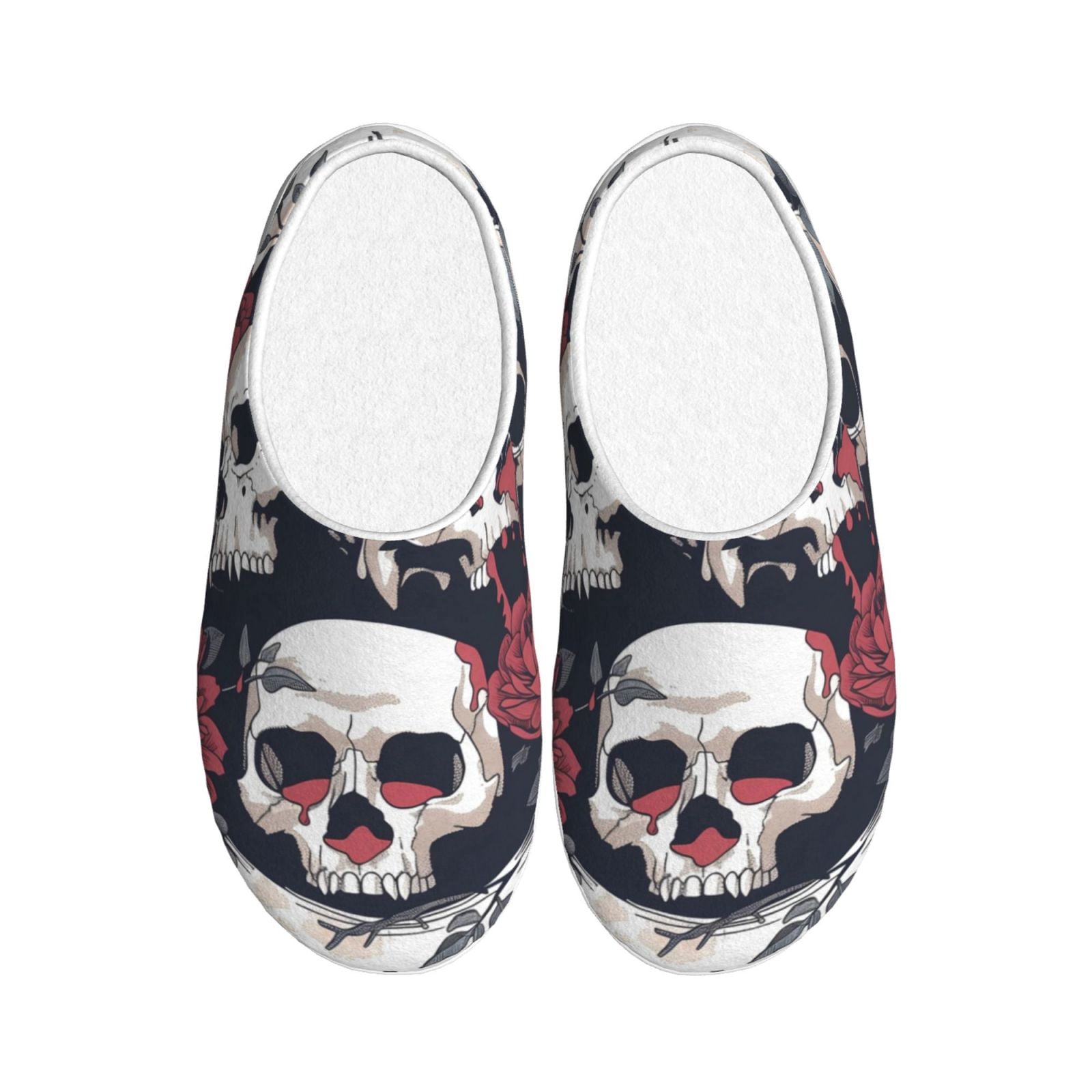 Easygdp Gothic Skulls And Roses Slippers for Women Mens Winter Warm ...