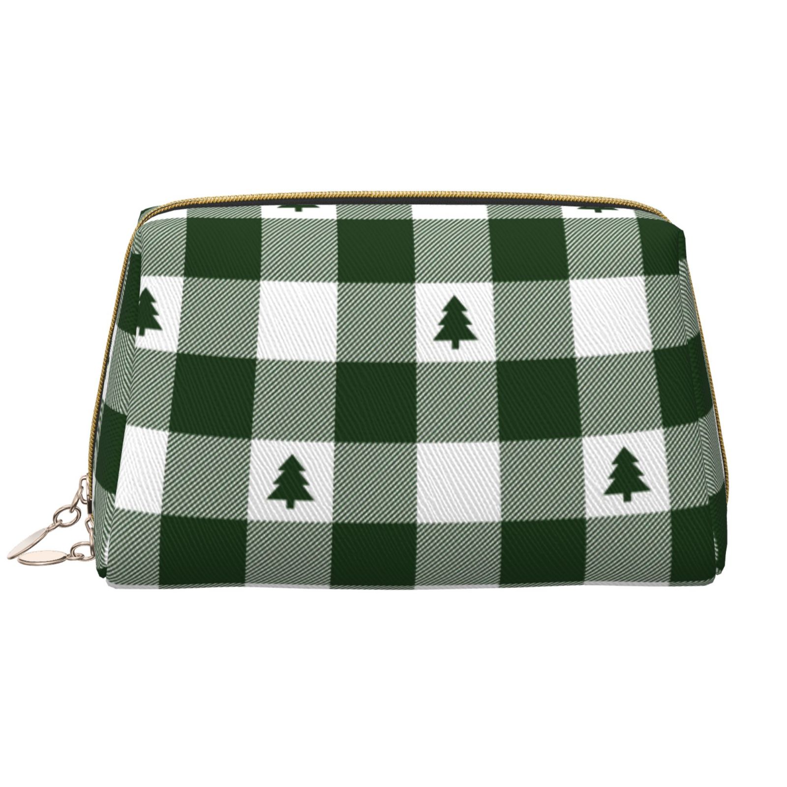 Easygdp Green White Lumberjack Plaid Leather Makeup Bag Zipper Pouch ...