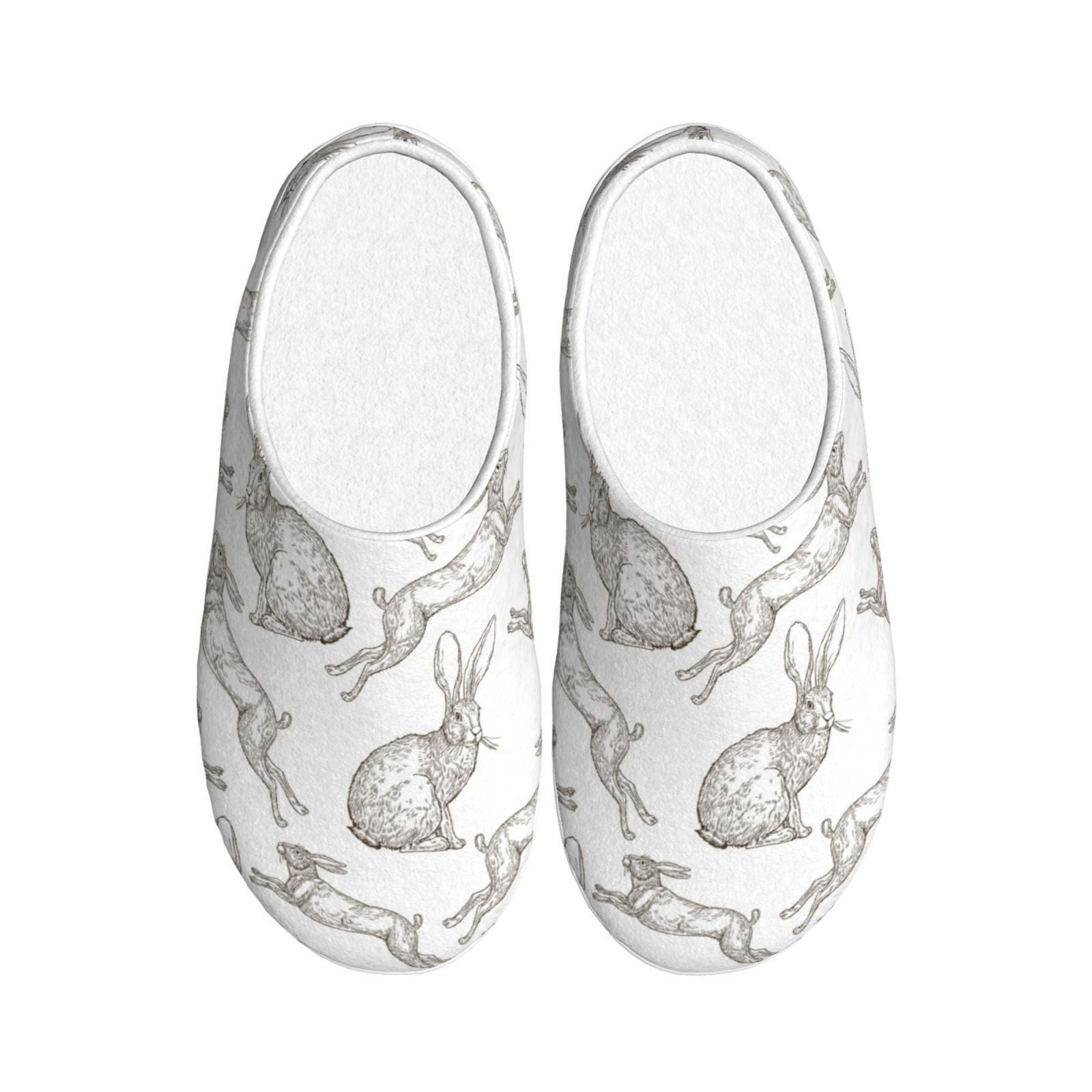Easygdp Hand Drawn Rabbit Slippers for Women Mens Winter Warm Home ...