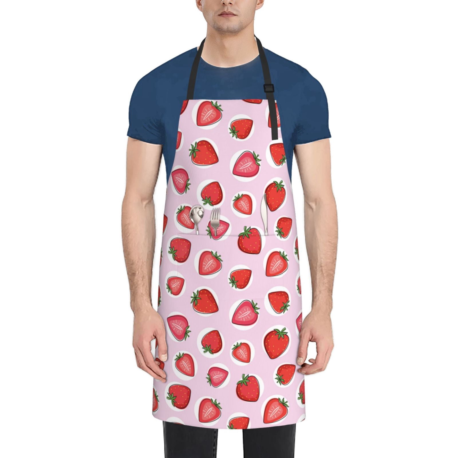 Easygdp Hand Drawn Strawberry Waterproof Apron with Pockets Adjustable ...