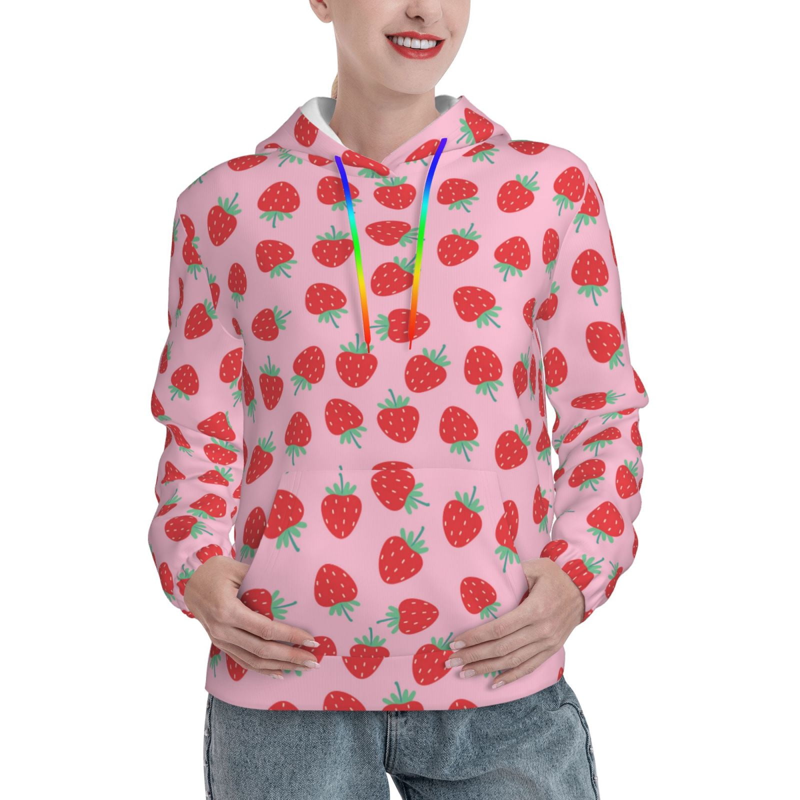 Easygdp Hand Drawn Strawberry Womens Casual Hoodies Sweatshirts Long Sleeve Pullover Fall ...