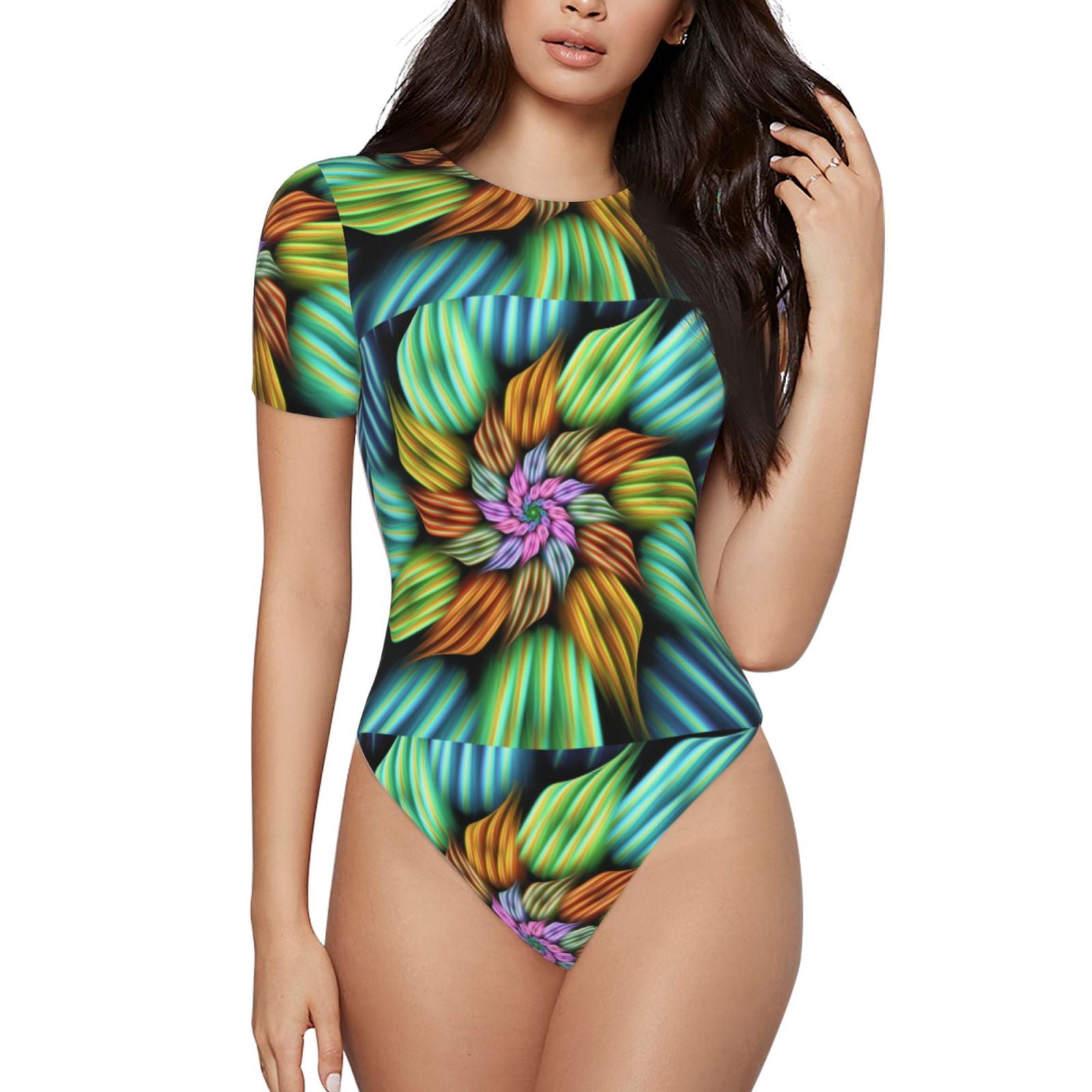 Easygdp Hippie Style Womens One Piece Swimsuit Slim Fit Crew Neck