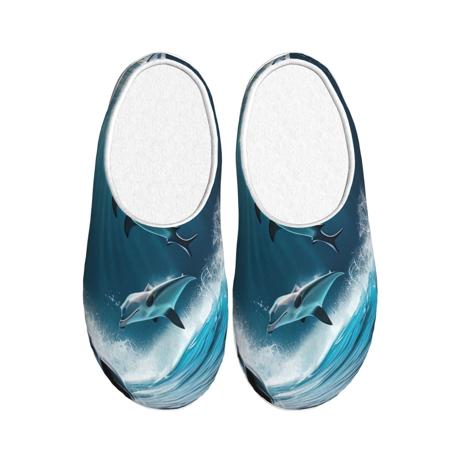 Easygdp Ice Blue Ocean Cute Dolphin A Slippers for Women Mens Winter ...