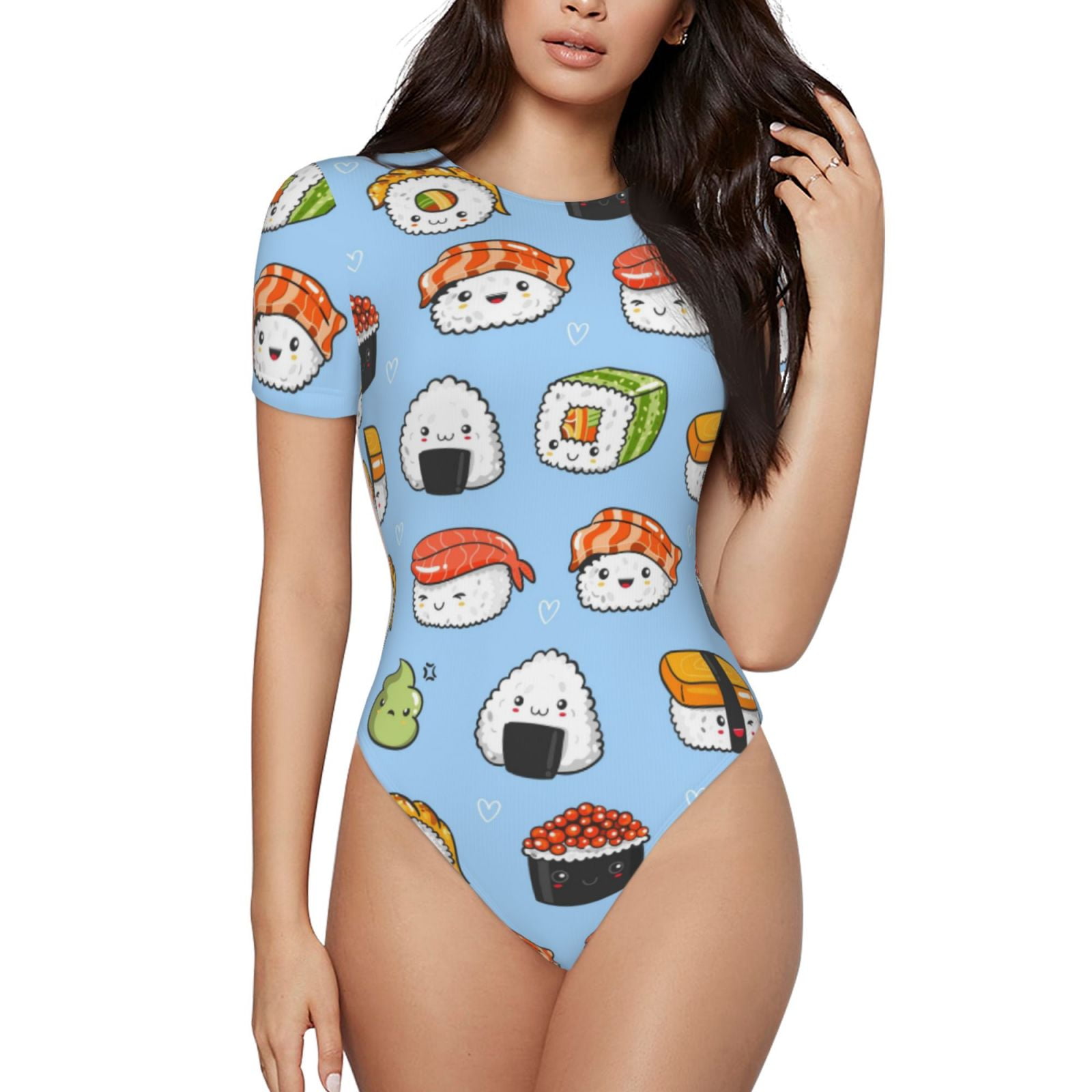 Easygdp Kawaii Sushi Women's One-Piece Swimsuit Slim Fit Crew Neck Bodysuit Athletic Swimwear ...