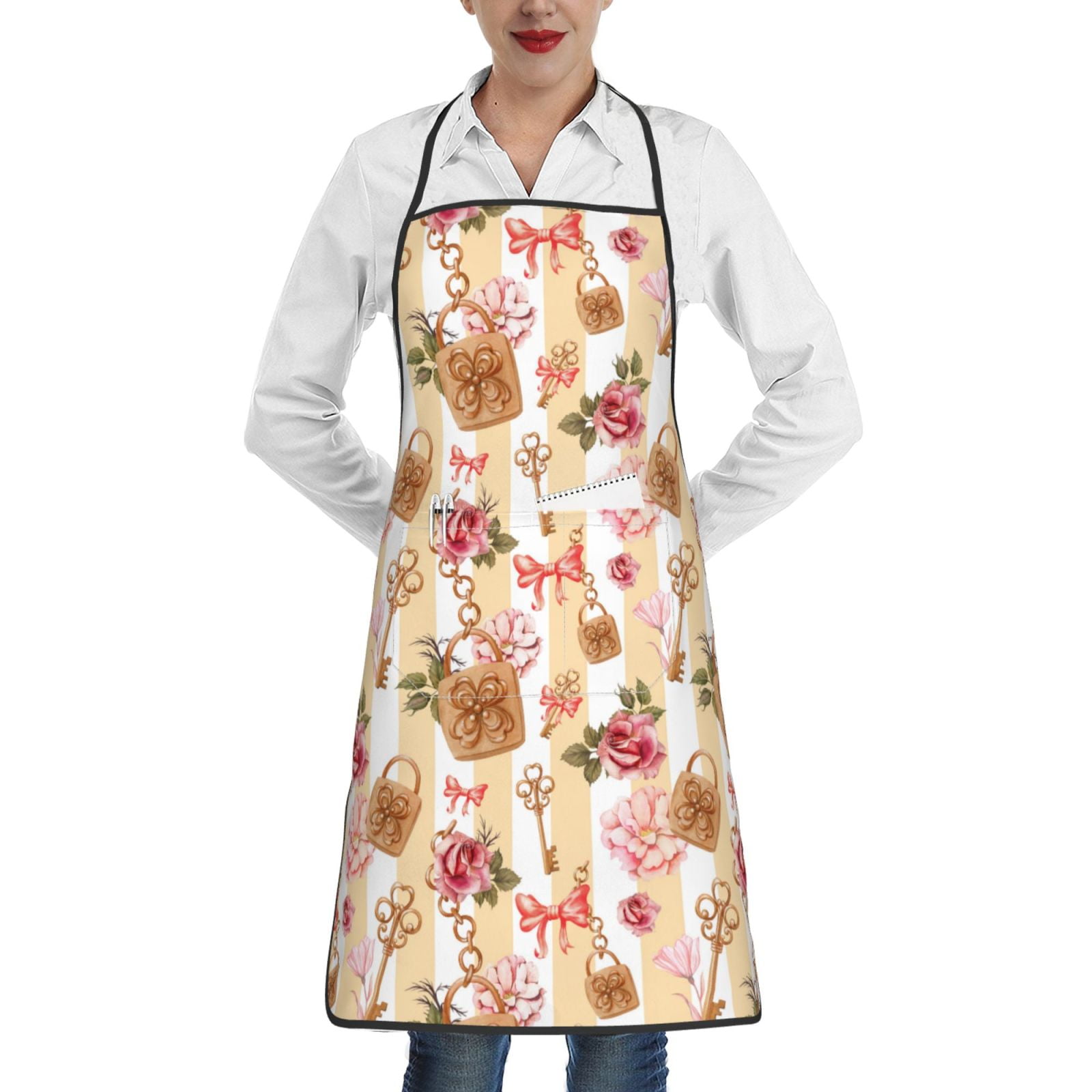 Easygdp Key Lock And Flowers Apron Waterdrop Resistant with 2 Pockets ...