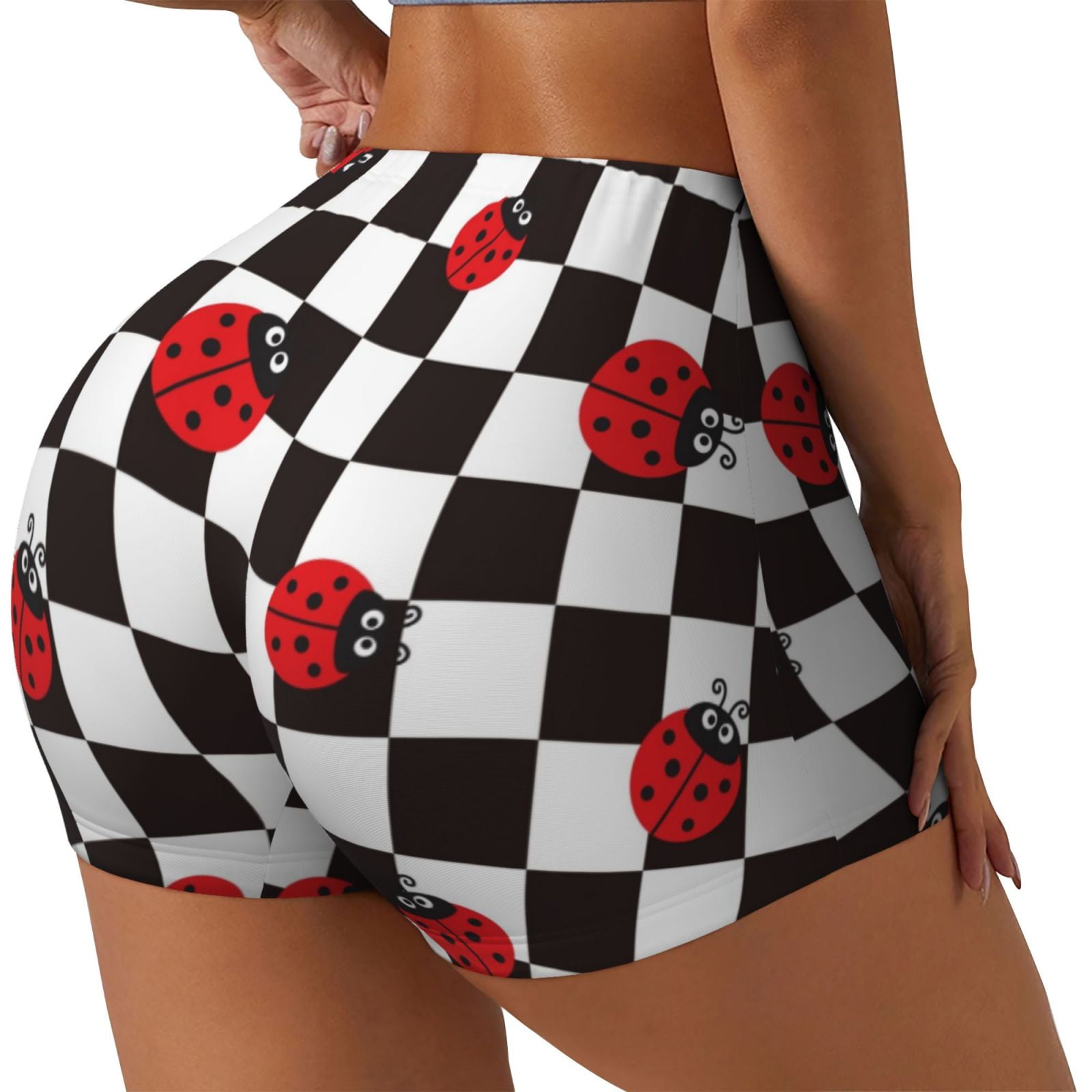 Easygdp Ladybugs Of Black And White Checkers Yoga Shorts with Pockets ...