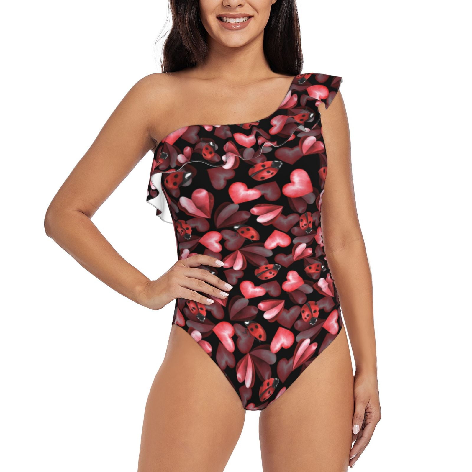 Easygdp Ladybugs And Red Hearts Womens One Shoulder Ruffle Monokini